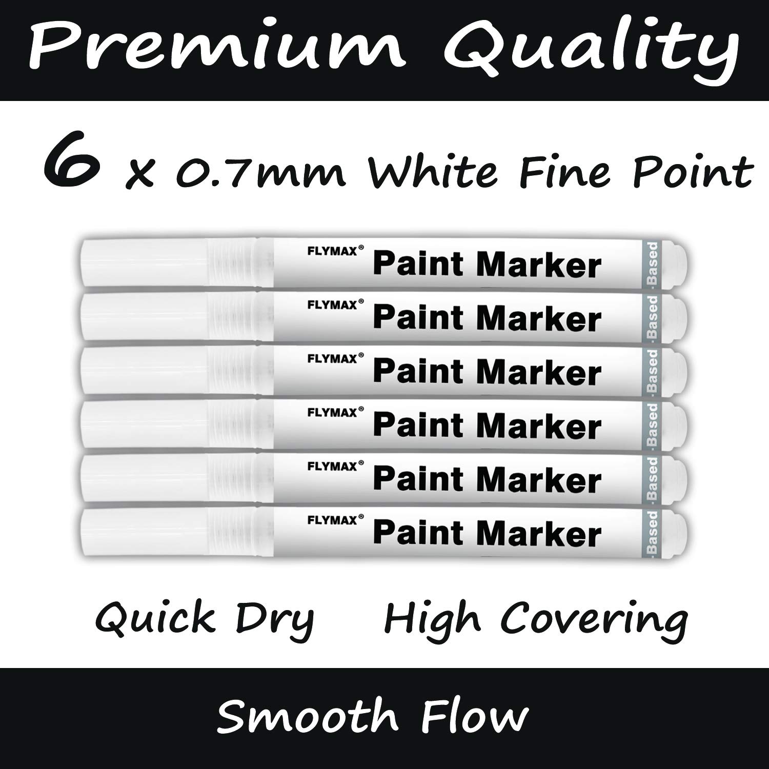 White Paint Pen, 6 Pack 0.7mm Acrylic White Permanent Marker White Paint Pens for Wood Rock Plastic Leather Glass Stone Metal Canvas Ceramic Marker Extra Very Fine Point Opaque Ink