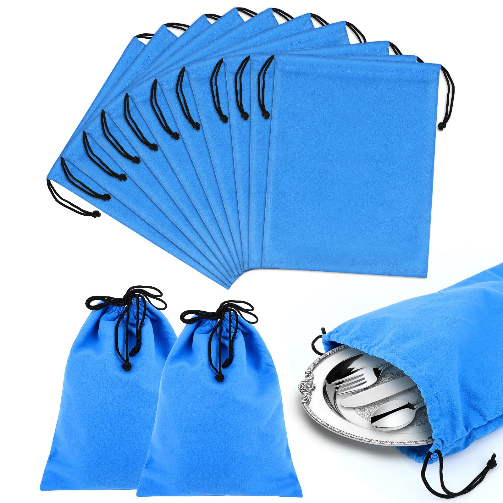 ACETOP 10Pcs Silver Storage Bags Anti Tarnish Fabric Cloth Bags 10" x 12", Silverware Jewelry Storage Bags, Silver Keeper Bag for Silver Storage, Sterling, Silverplate, Flatware, Holloware, Coins (Blue)