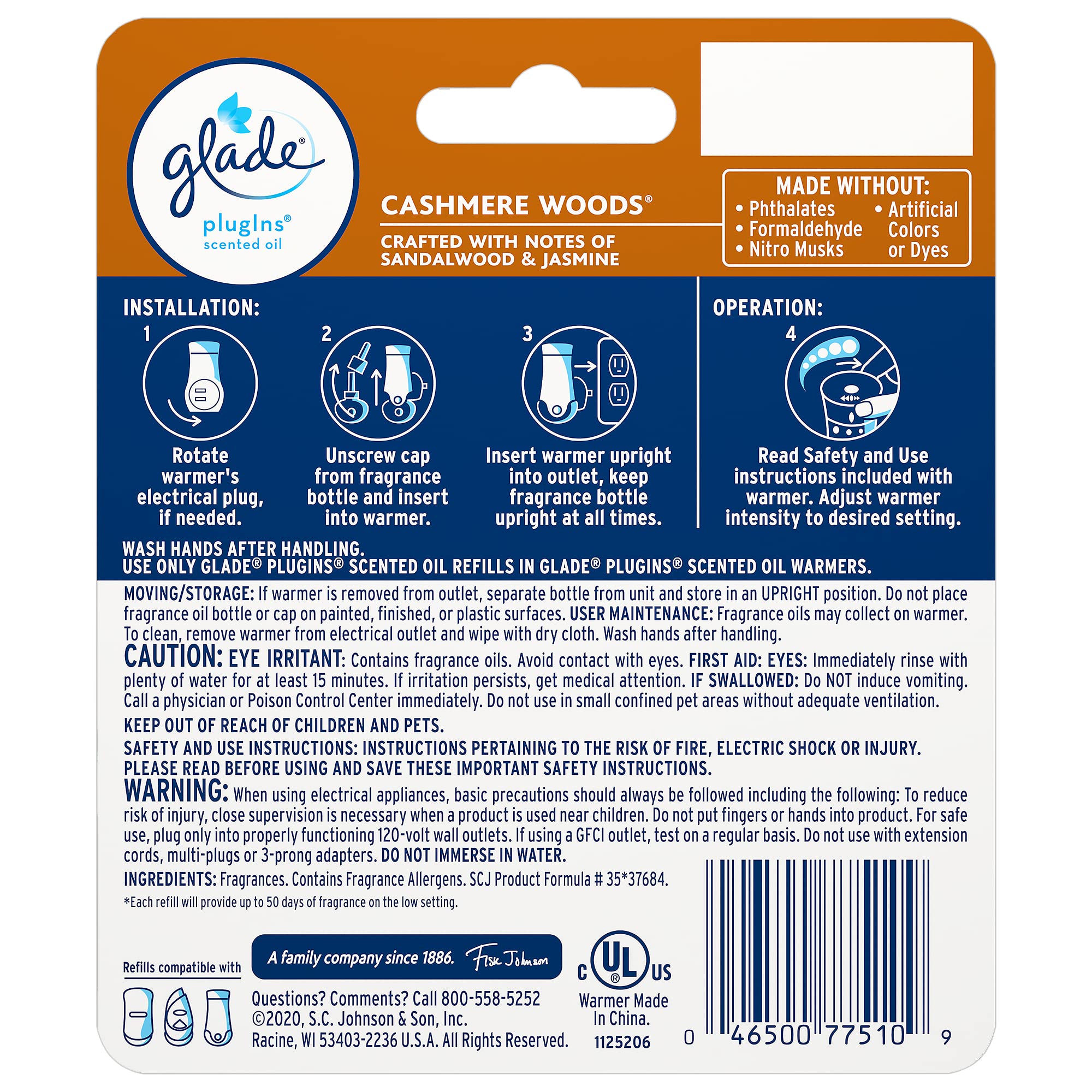 Glade PlugIns Refills Air Freshener Starter Kit, Scented Oil for Home and Bathroom, Cashmere Woods, 0.67 Fl Oz, 1 Warmer + 1 Refill