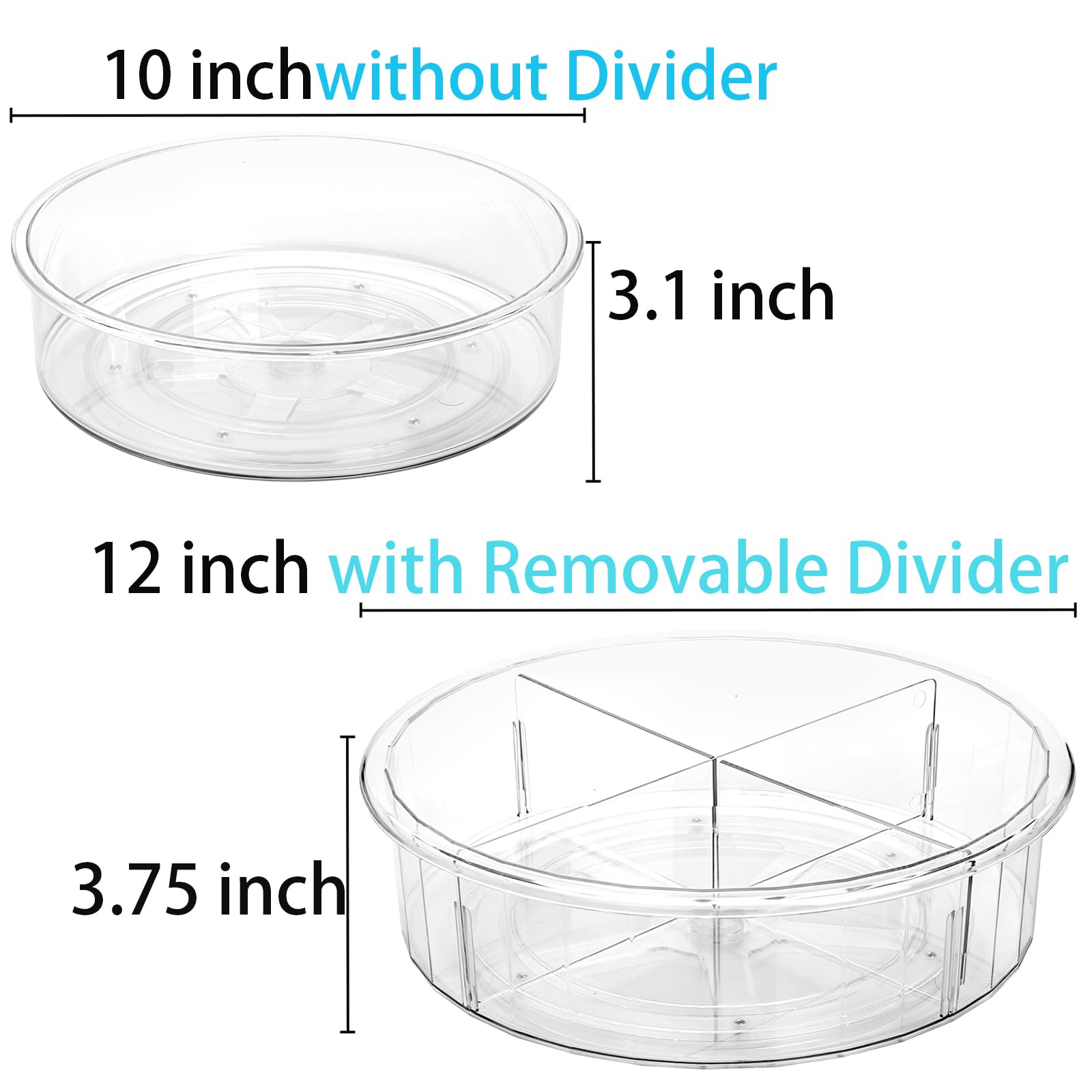 TOPZEA 2 Pack Divided Lazy Susan Turntable, 12 Inch Divided Spinning Storage Container Kitchen Organizer for Cabinets, Pantry, Countertops, Fridge, Bathroom, 4 Compartments, Clear