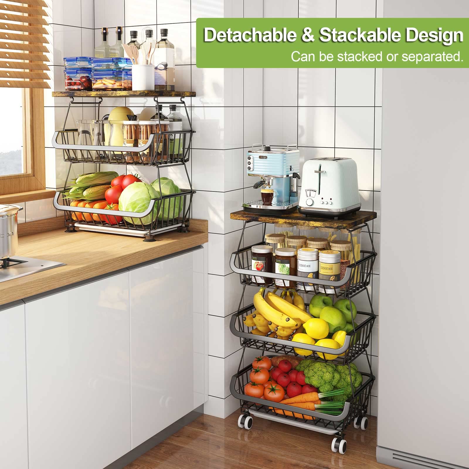4 Tier Fruit Basket for Kitchen - Stackable Fruit and Vegetable Storage Cart with Wooden Top Rolling Wheels Metal Wire Basket Organizer for Onions Potatoes Storage Utility Rack Bins for Kitchen Pantry