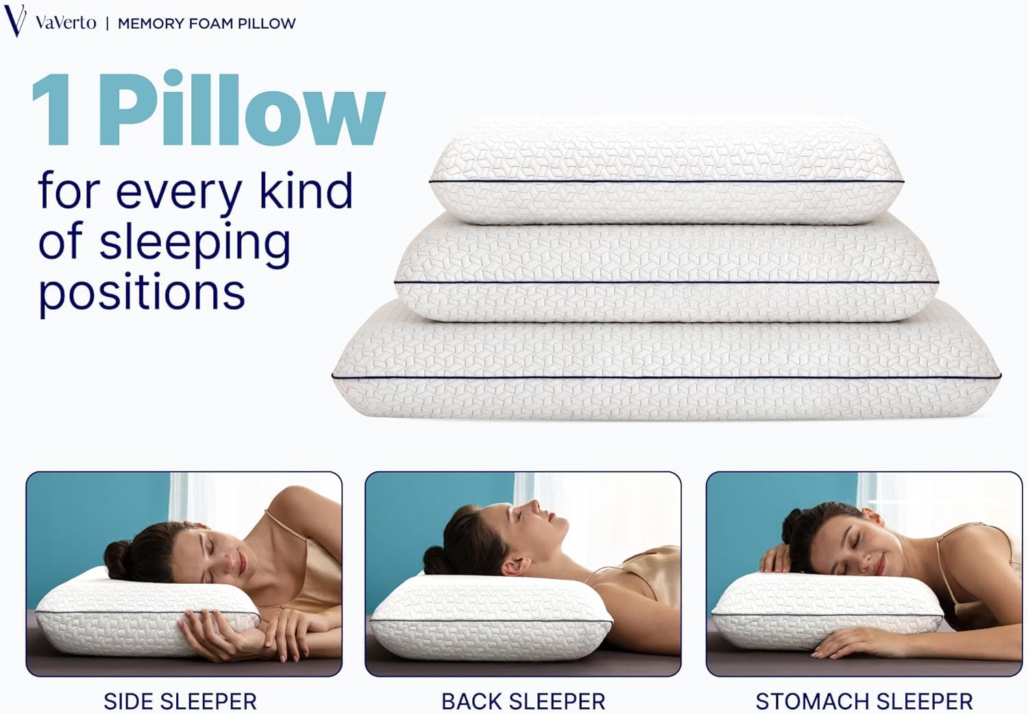 Vaverto Gel Memory Foam Pillow - Queen Size - Ventilated, Premium Bed Pillow with Washable and Bamboo Pillow Cover, Cooling, Orthopedic Sleeping, Side and Back Sleepers - College Dorm Room Essentials