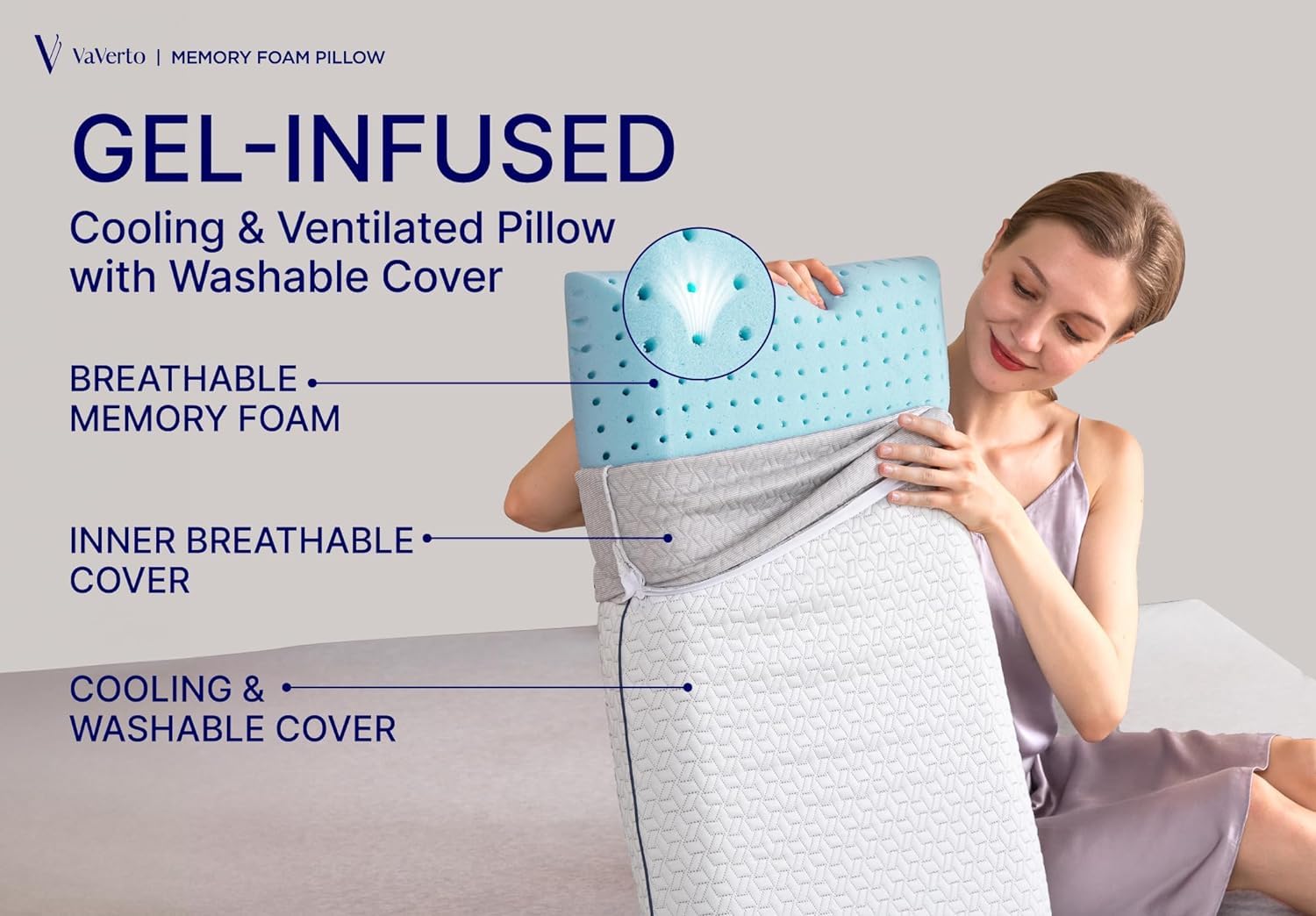 Vaverto Gel Memory Foam Pillow - Queen Size - Ventilated, Premium Bed Pillow with Washable and Bamboo Pillow Cover, Cooling, Orthopedic Sleeping, Side and Back Sleepers - College Dorm Room Essentials