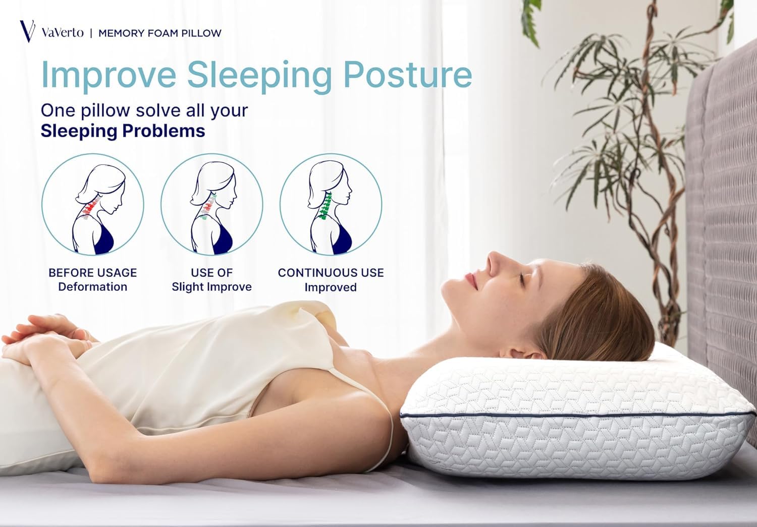 Vaverto Gel Memory Foam Pillow - Queen Size - Ventilated, Premium Bed Pillow with Washable and Bamboo Pillow Cover, Cooling, Orthopedic Sleeping, Side and Back Sleepers - College Dorm Room Essentials