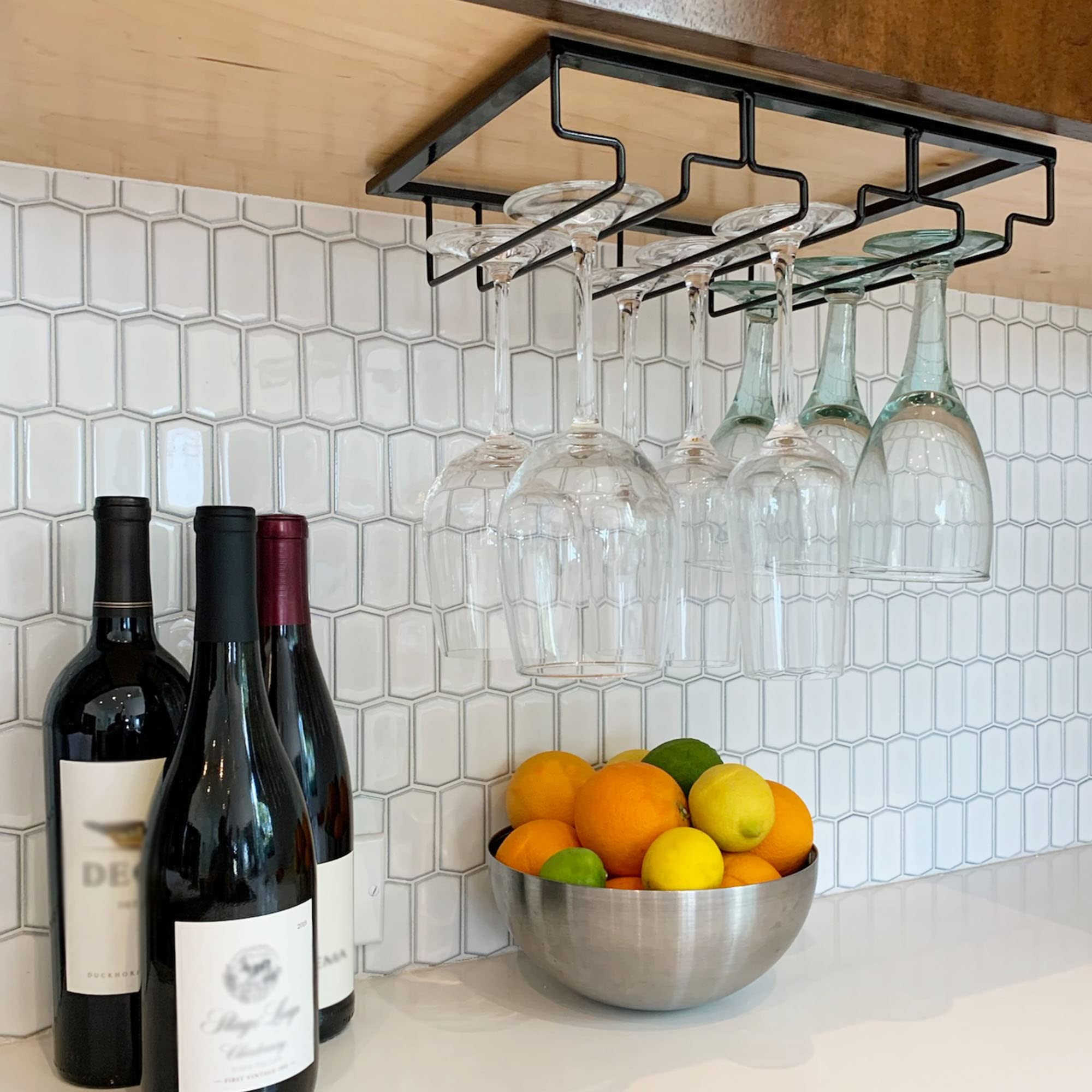 Handy Basix Wine Glass Rack Under Cabinet Wine Glass Holder Stemware Holder, Metal Storage Organizer for Bar Kitchen Cabinet 3 Rows (Black 1 Pack)