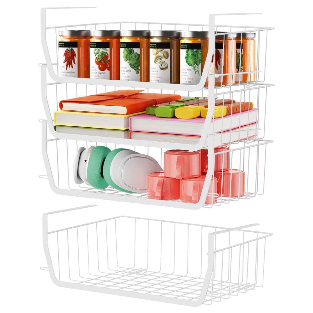 2 Pack Under Shelf Basket, Metal Wire Undershelf Storage Baskets for Cabinet Thickness Max 1.2 inch, Space Saving Hanging Organization for Cupboard Kitchen Counter Pantry Bookshelf, Chrome