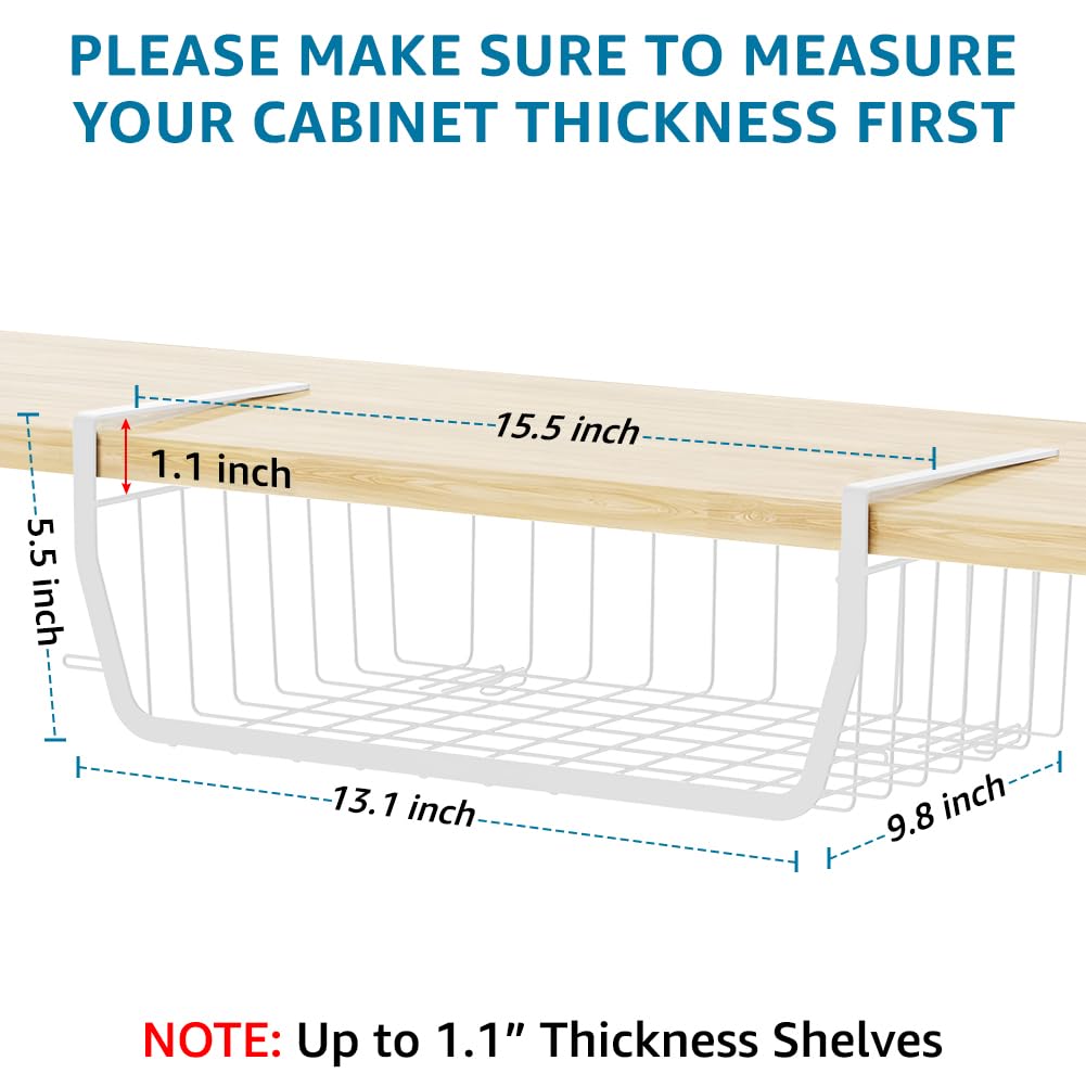 2 Pack Under Shelf Basket, Metal Wire Undershelf Storage Baskets for Cabinet Thickness Max 1.2 inch, Space Saving Hanging Organization for Cupboard Kitchen Counter Pantry Bookshelf, Chrome