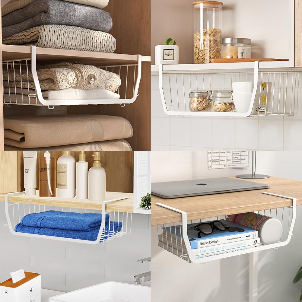 2 Pack Under Shelf Basket, Metal Wire Undershelf Storage Baskets for Cabinet Thickness Max 1.2 inch, Space Saving Hanging Organization for Cupboard Kitchen Counter Pantry Bookshelf, Chrome