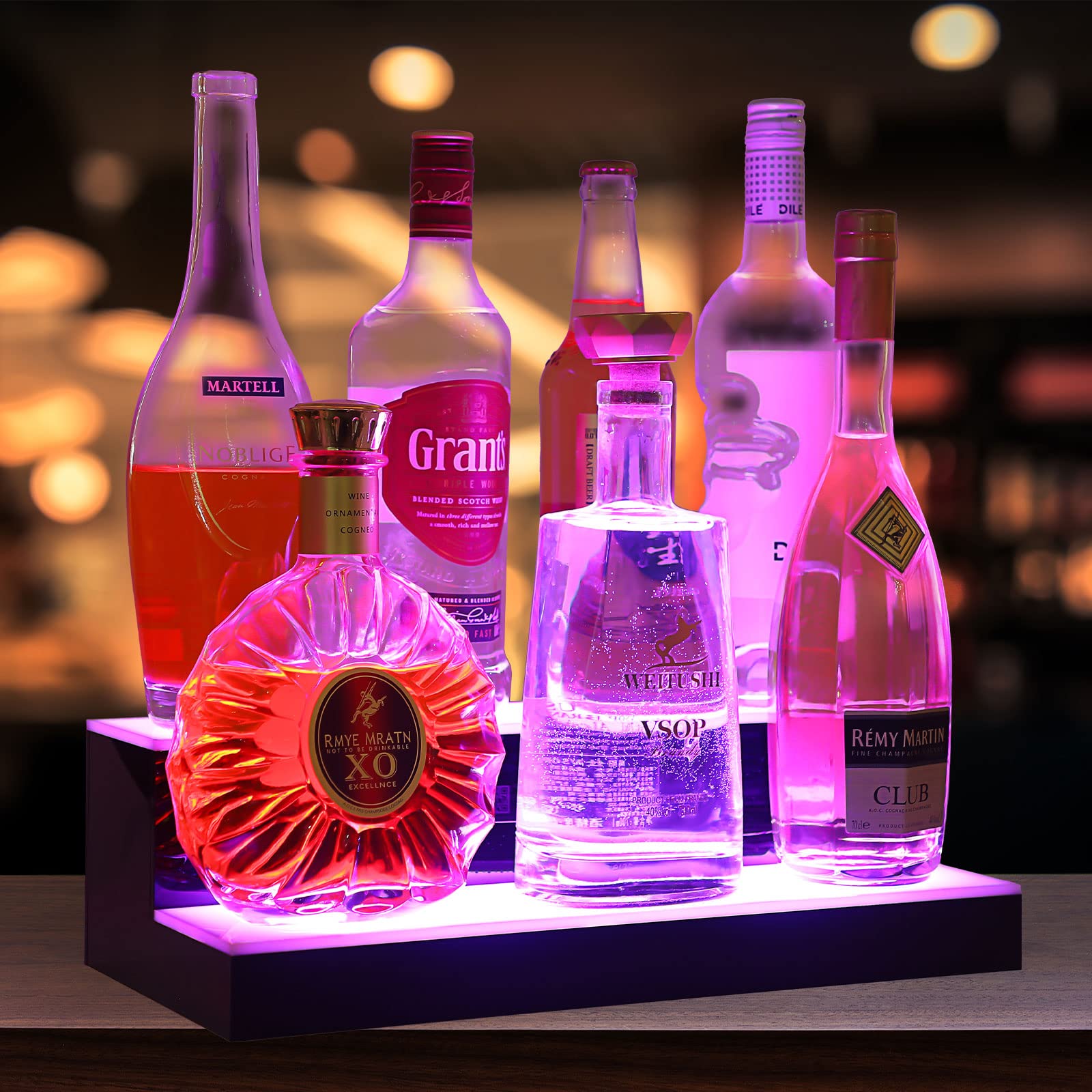 16 Inch LED Lighted Liquor Bottle Display Shelf 2 Step Illuminated Bar Bottle Shelf Lighted Bar Stand Acrylic Mounted Wine Racks for Commercial Home Bar Bottle Lighting Shelves with Remote Control