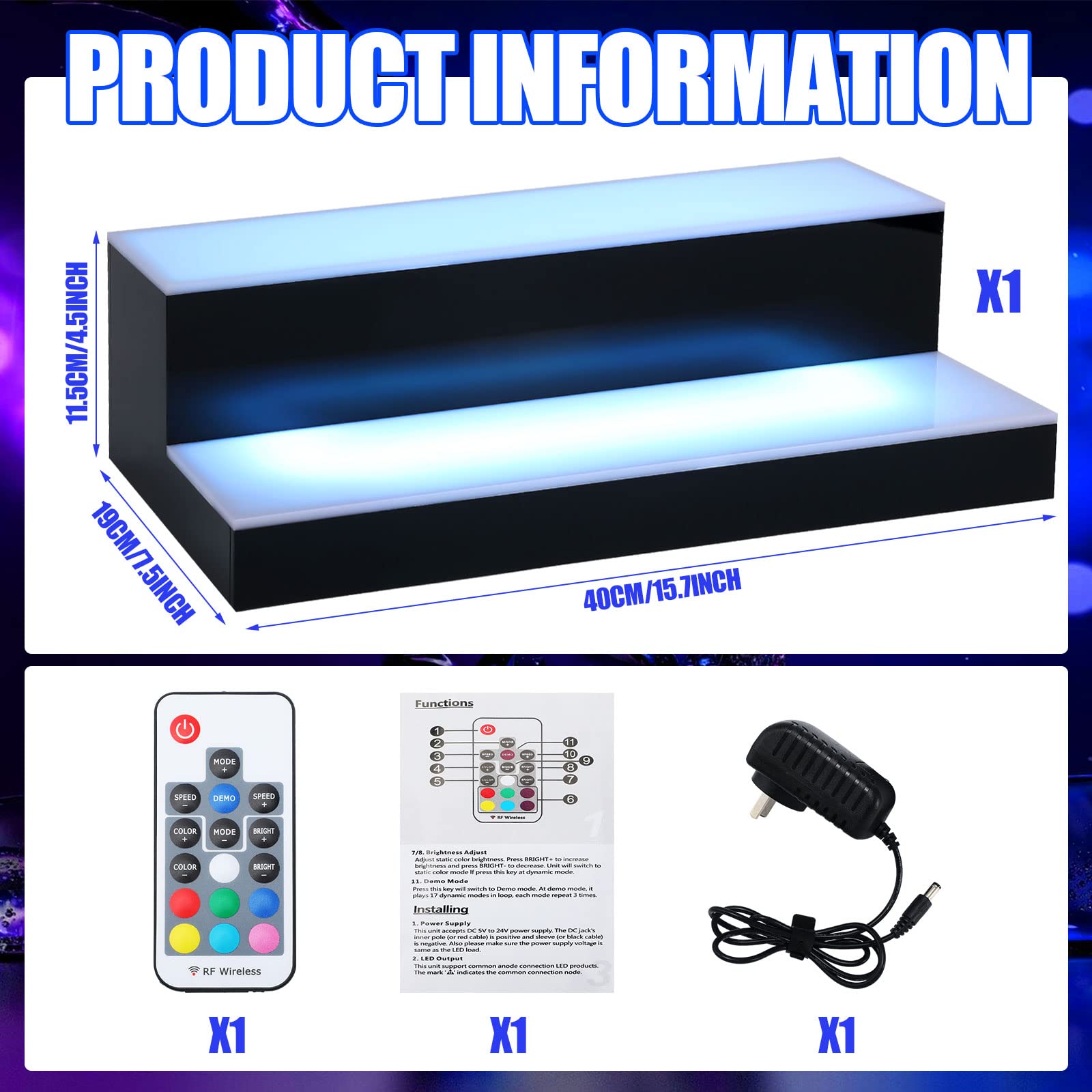 16 Inch LED Lighted Liquor Bottle Display Shelf 2 Step Illuminated Bar Bottle Shelf Lighted Bar Stand Acrylic Mounted Wine Racks for Commercial Home Bar Bottle Lighting Shelves with Remote Control
