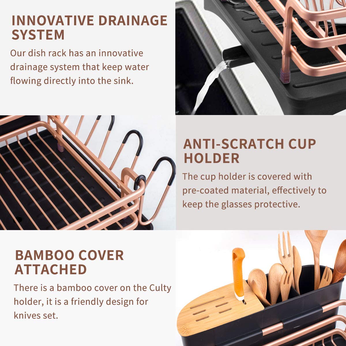 BRIAN & DANY Aluminum Dish Drainer, Dish Drying Rack with Removable Cutlery Holder & Cup Holder, Unique 360° Swivel Spout Drain Board, Golden