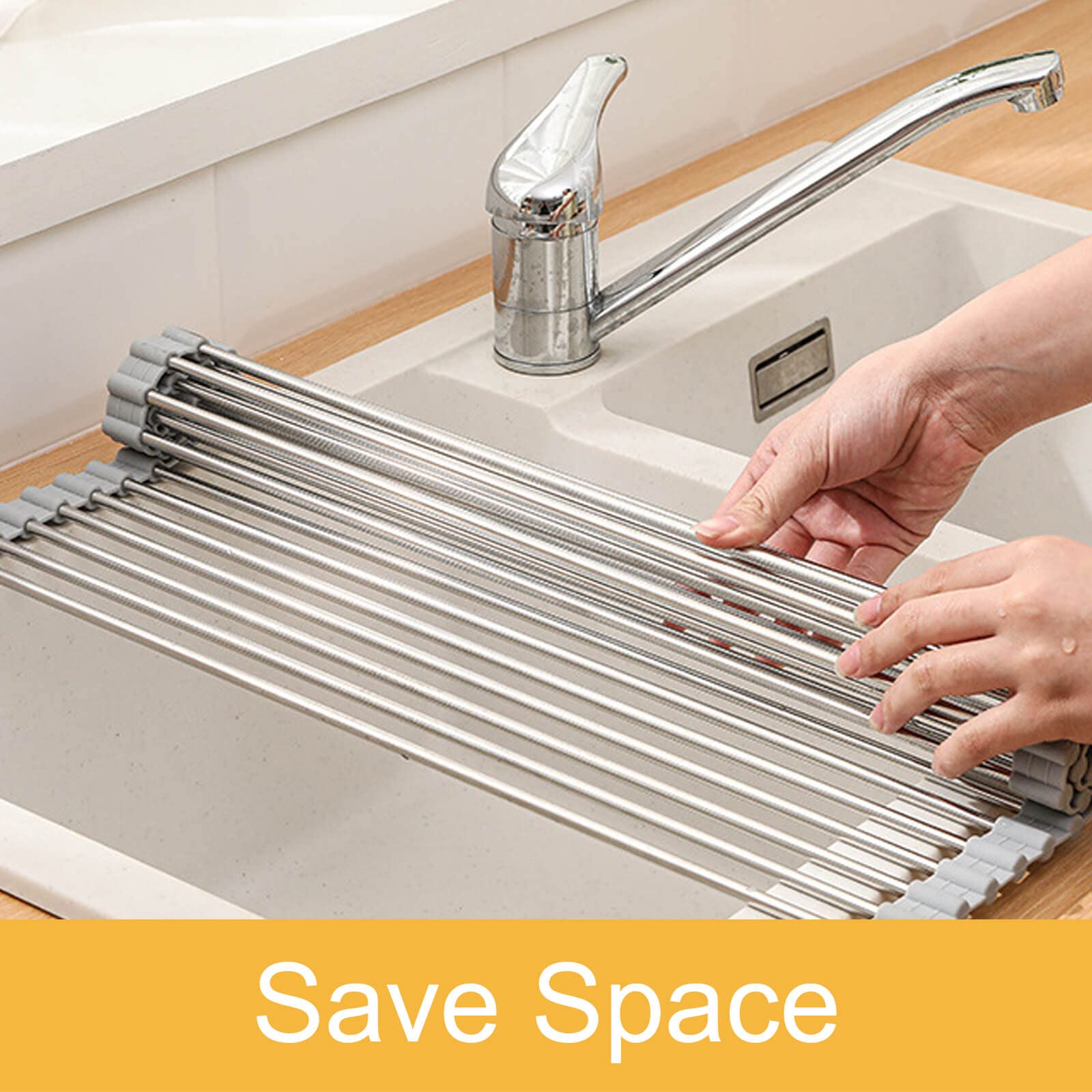 Roll Up Dish Drying Rack Expandable, Foldable Drying Rack Over The Sink for Kitchen, Silicone and Stainless Steel Dish Rack, Adjustable Dish Drainer for Kitchen Counter (19.68" x 12.91")