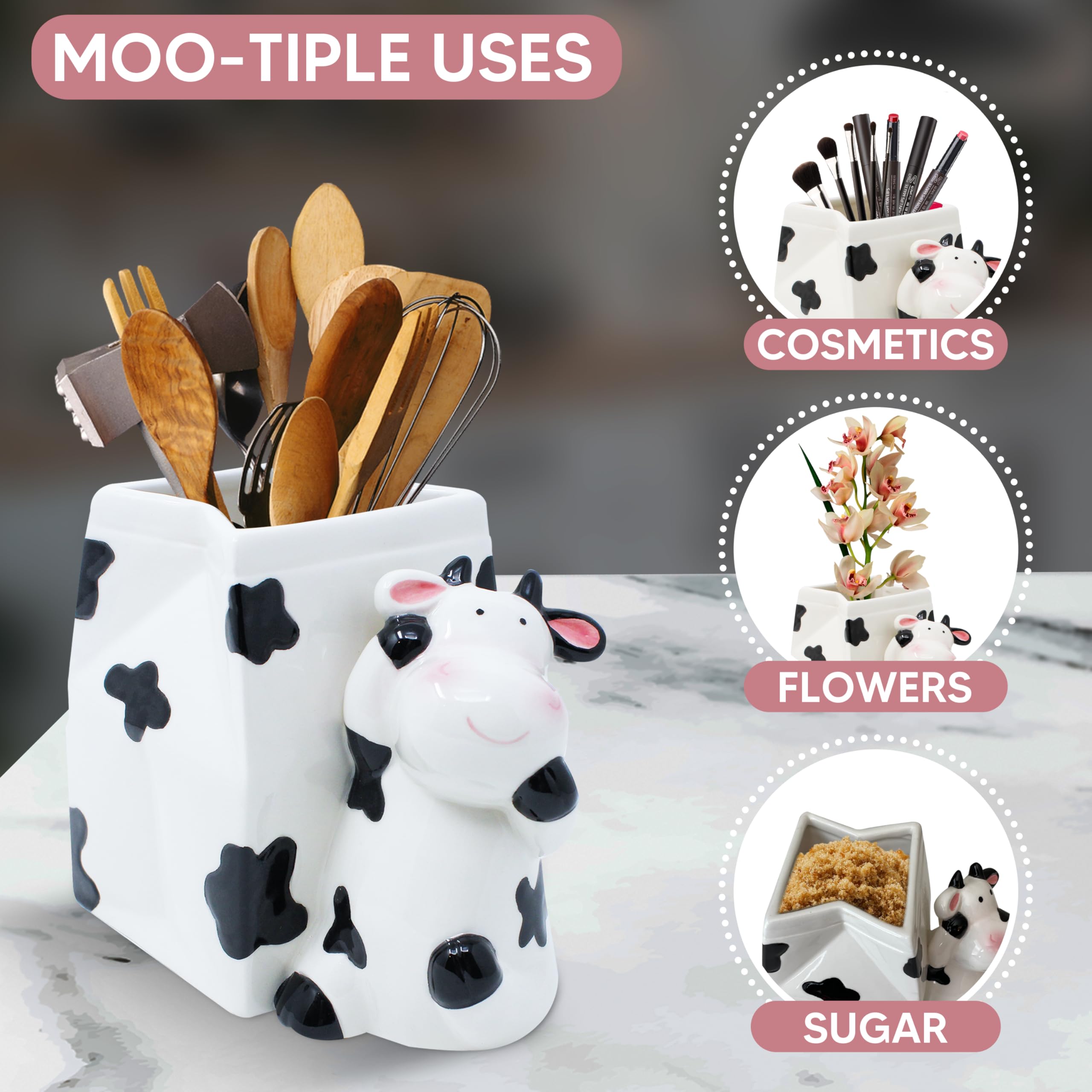 Cow Utensil Holder | Kitchen Crock Storage Gift | Kitchen Decor | Cow Print Theme La Vaca | Farmhouse Hoedown Decoration Holiday | Cute Cow Countertop Vase by Sixdrop