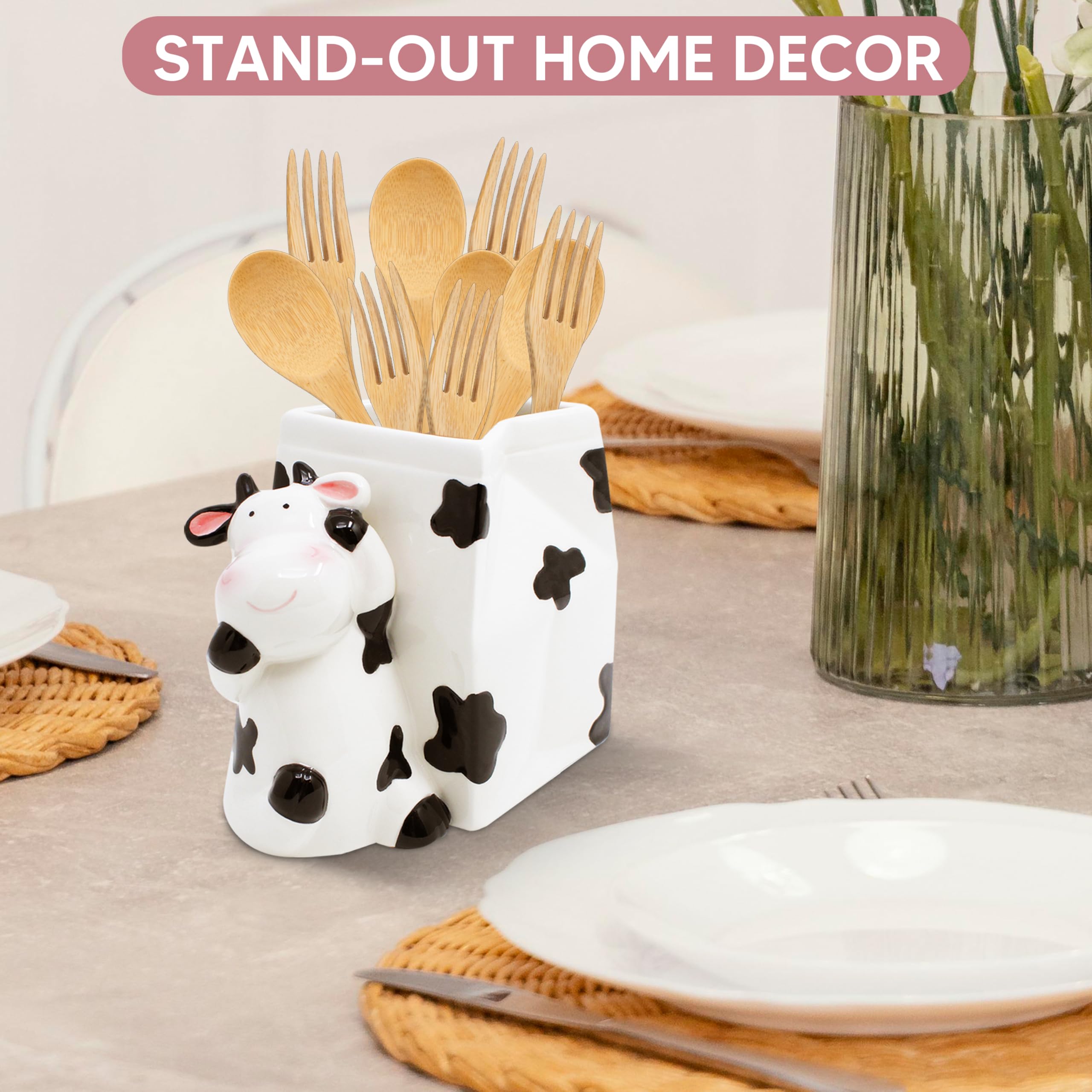 Cow Utensil Holder | Kitchen Crock Storage Gift | Kitchen Decor | Cow Print Theme La Vaca | Farmhouse Hoedown Decoration Holiday | Cute Cow Countertop Vase by Sixdrop