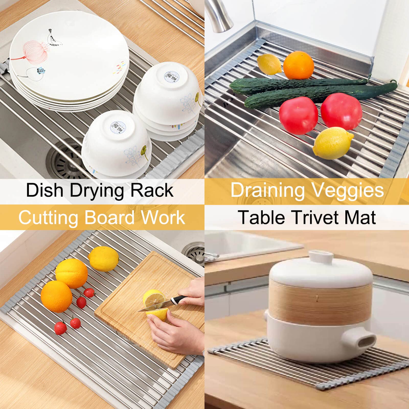 Roll Up Dish Drying Rack Expandable, Foldable Drying Rack Over The Sink for Kitchen, Silicone and Stainless Steel Dish Rack, Adjustable Dish Drainer for Kitchen Counter (19.68" x 12.91")