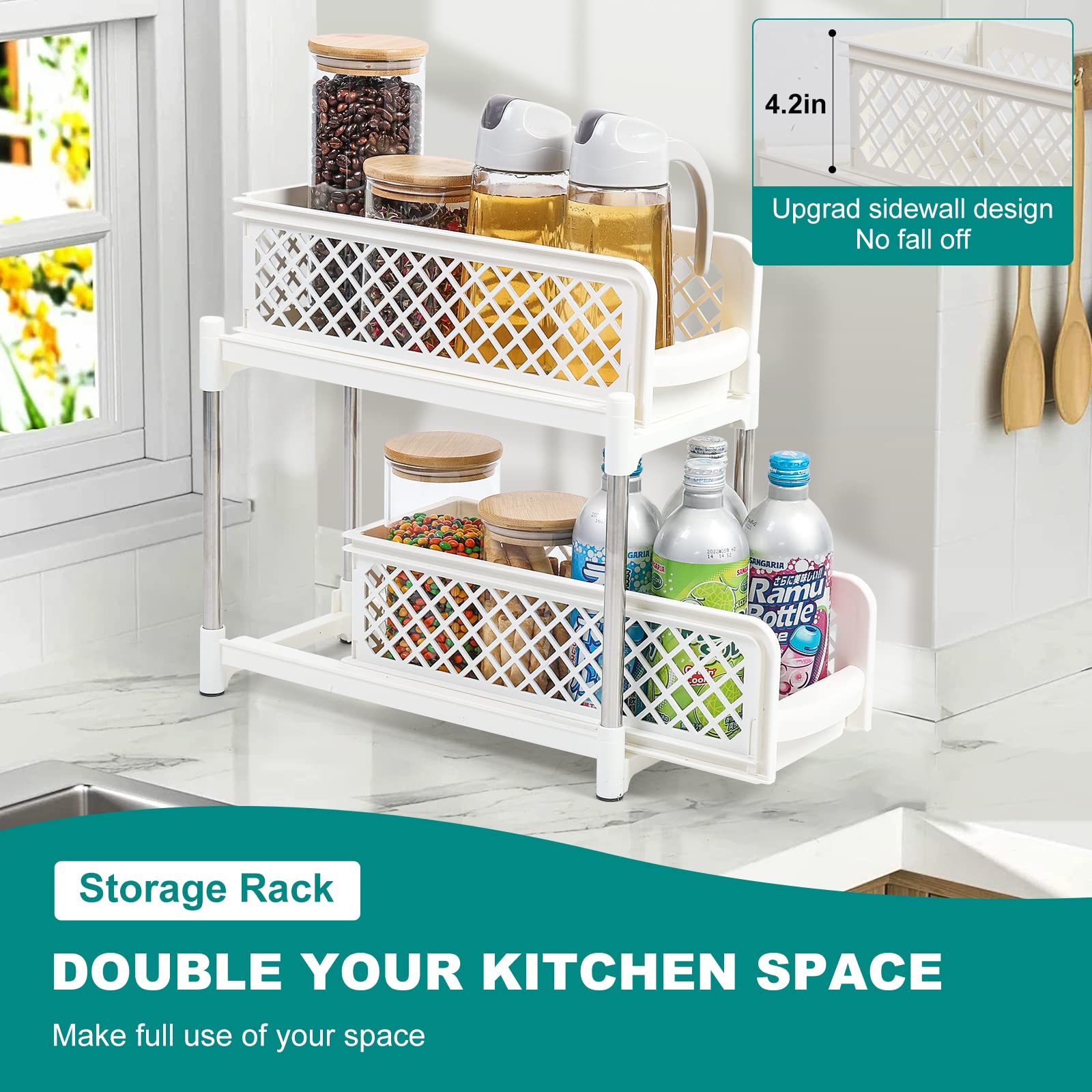 hoyiolad Under Sink Organizers and Storage,2 Tier Easy Access Sliding Drawer Bathroom Organizer,Multi-purpose Under Sink Organizer,Bathroom Counter Organizer,Kitchen Organization and Storage,White