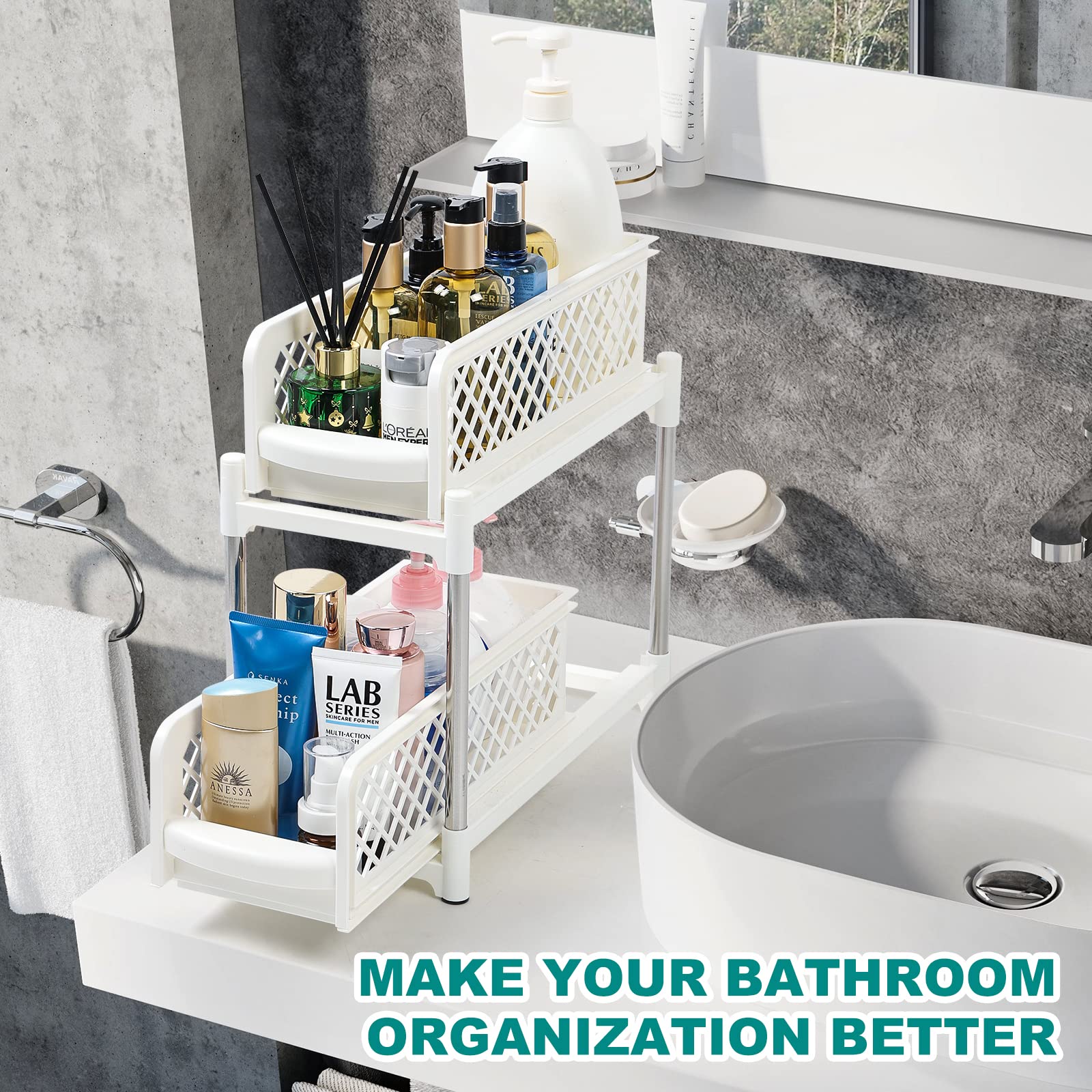 hoyiolad Under Sink Organizers and Storage,2 Tier Easy Access Sliding Drawer Bathroom Organizer,Multi-purpose Under Sink Organizer,Bathroom Counter Organizer,Kitchen Organization and Storage,White