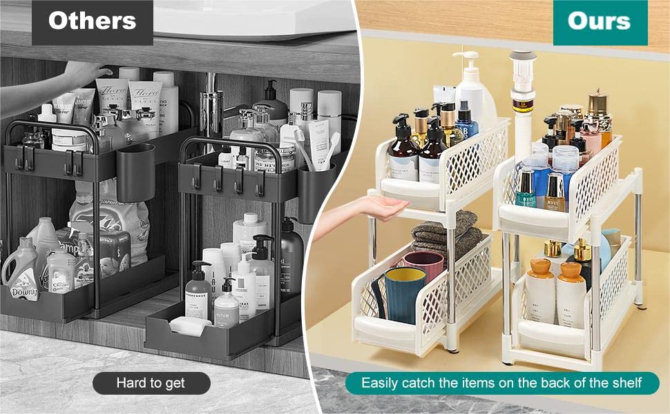 hoyiolad Under Sink Organizers and Storage,2 Tier Easy Access Sliding Drawer Bathroom Organizer,Multi-purpose Under Sink Organizer,Bathroom Counter Organizer,Kitchen Organization and Storage,White