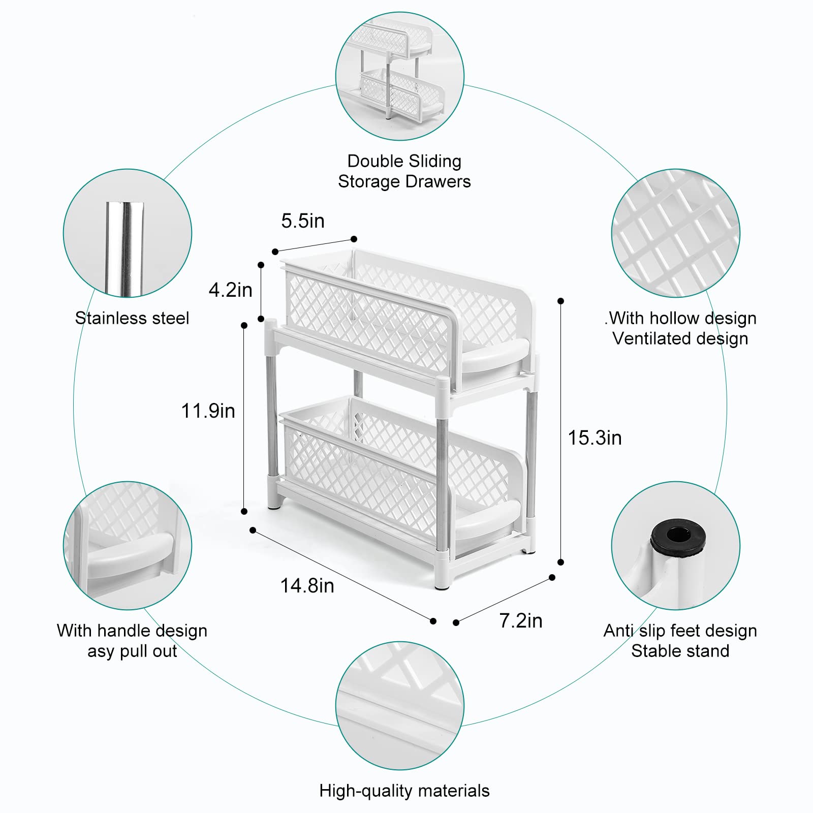 hoyiolad Under Sink Organizers and Storage,2 Tier Easy Access Sliding Drawer Bathroom Organizer,Multi-purpose Under Sink Organizer,Bathroom Counter Organizer,Kitchen Organization and Storage,White