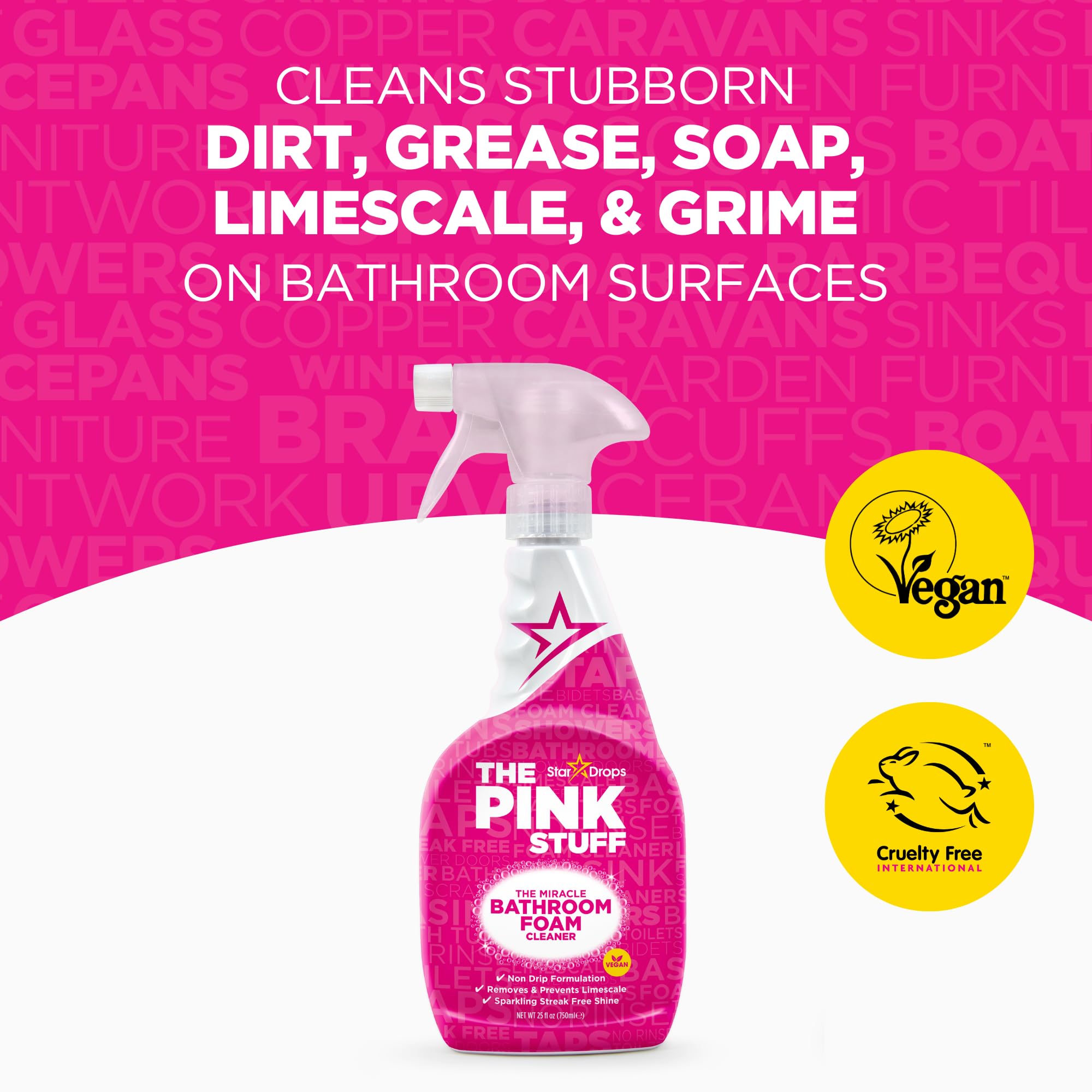 Stardrops - The Pink Stuff - The Miracle Multi-Purpose Spray, Window & Glass Cleaner, and Bathroom Foam Spray Bundle (1 Multi-Purpose Spray, 1 Window & Glass Cleaner, 1 Bathroom Foam Spray)