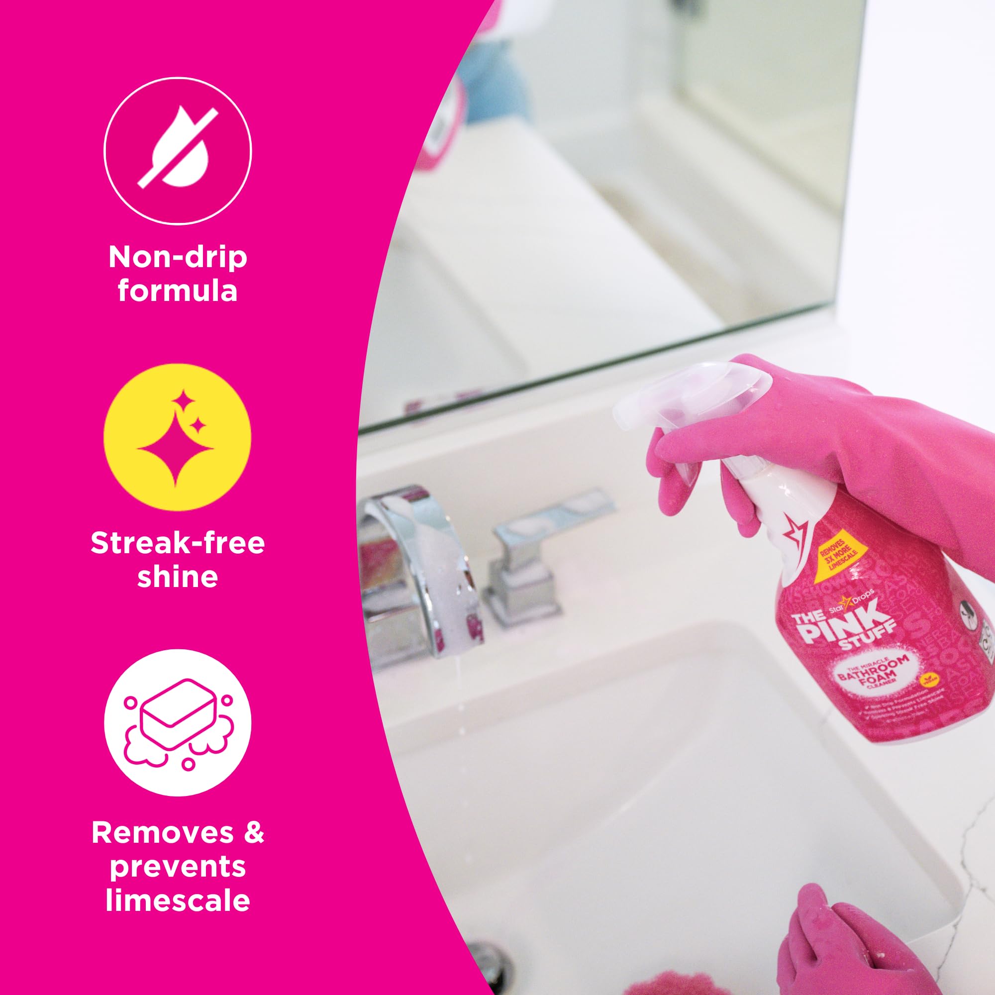 Stardrops - The Pink Stuff - The Miracle Multi-Purpose Spray, Window & Glass Cleaner, and Bathroom Foam Spray Bundle (1 Multi-Purpose Spray, 1 Window & Glass Cleaner, 1 Bathroom Foam Spray)