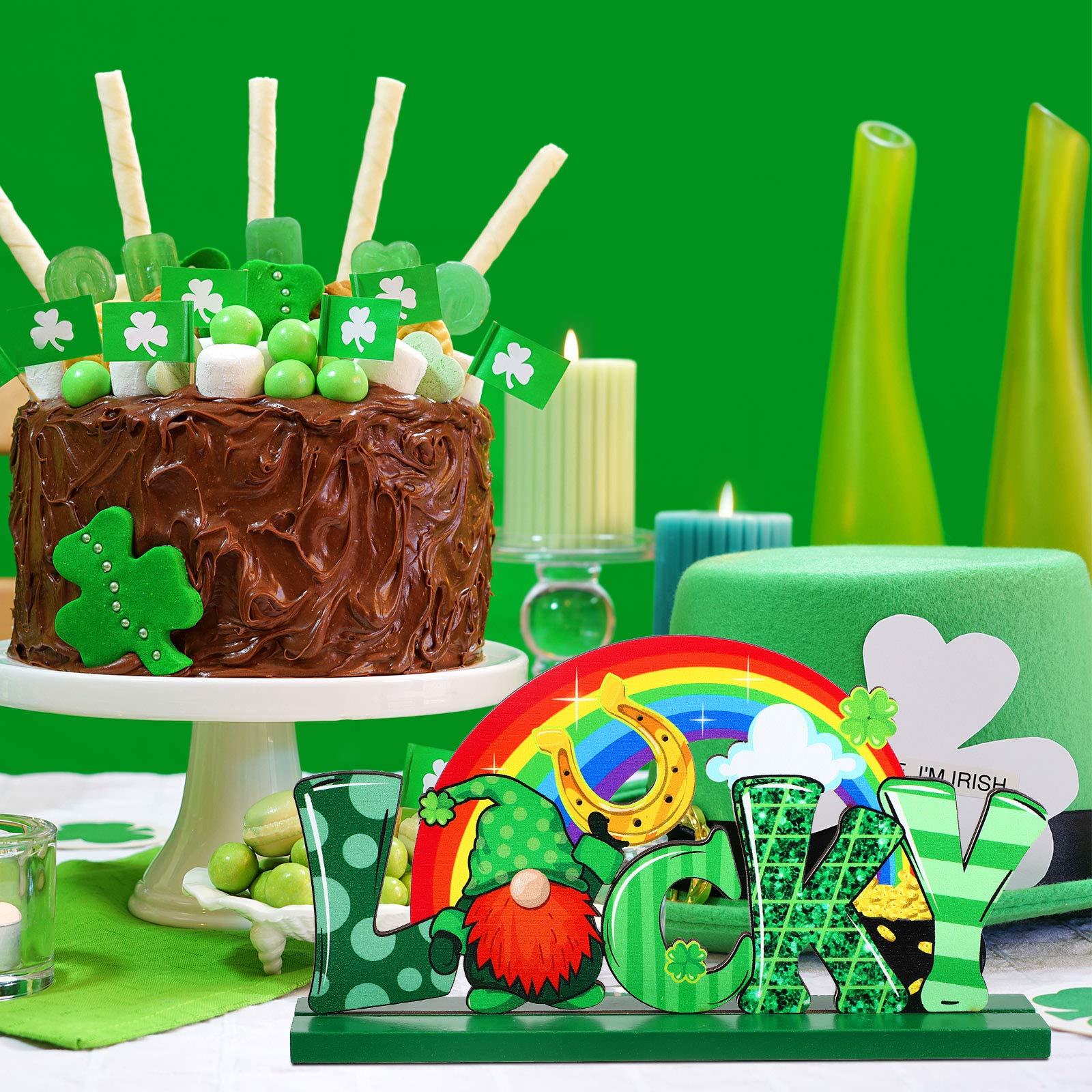 3 Pieces St. Patrick's Day Table Decoration Shamrock Sign Table Centerpiece Leprechaun Decoration Wooden Irish Themed Decors for St. Patrick's Day Holiday Dinner Coffee Tier Tray, 7.87 x 4.72 inch