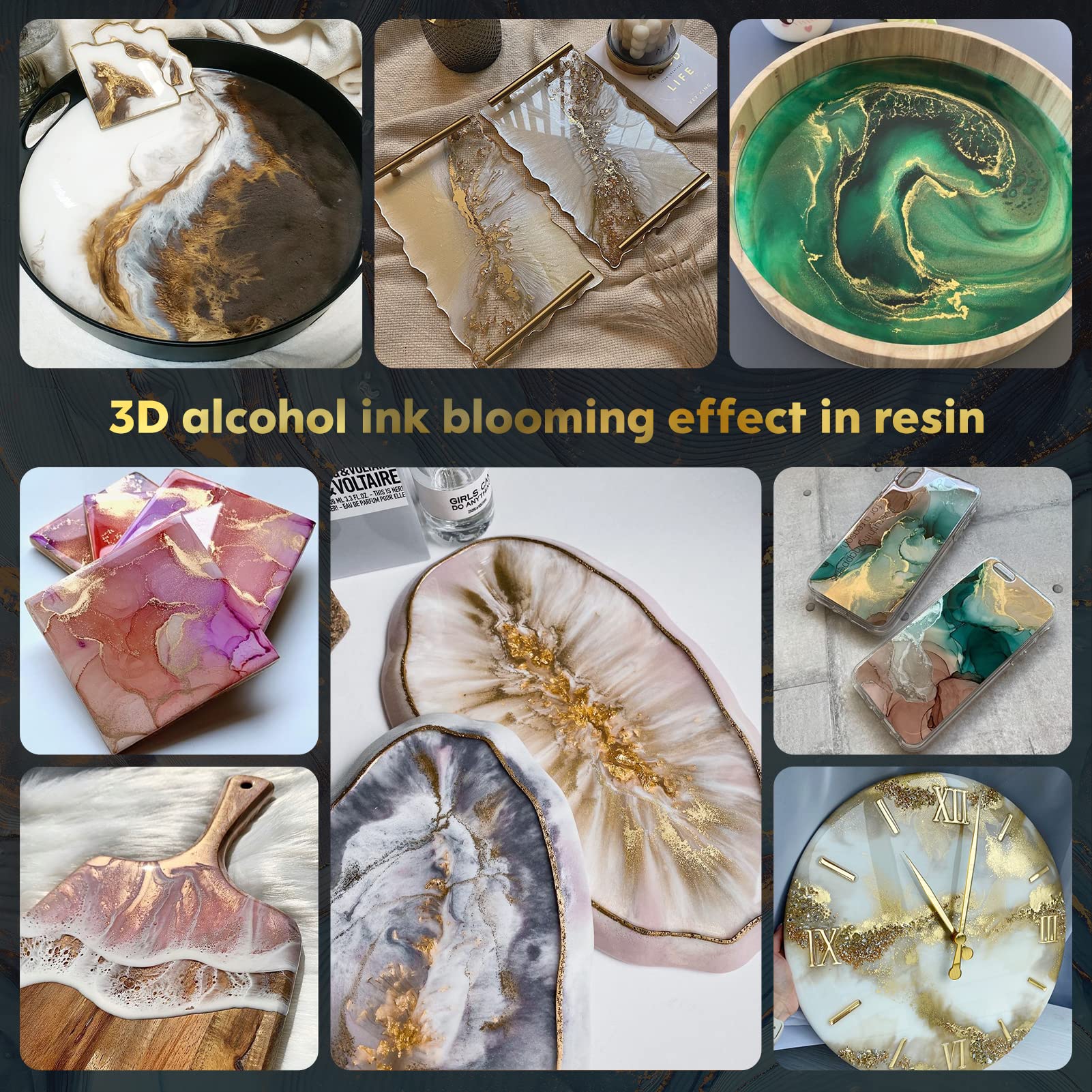 Metallic Alcohol Ink Set - 12 Metal Color Alcohol-Based Resin Inks, High Concentrated Extreme Shimmer with Gemstone Mixatives for Epoxy Resin Petri Yupo Tumbler Cups Fluid Art Painting (15ml/.5 fl oz)