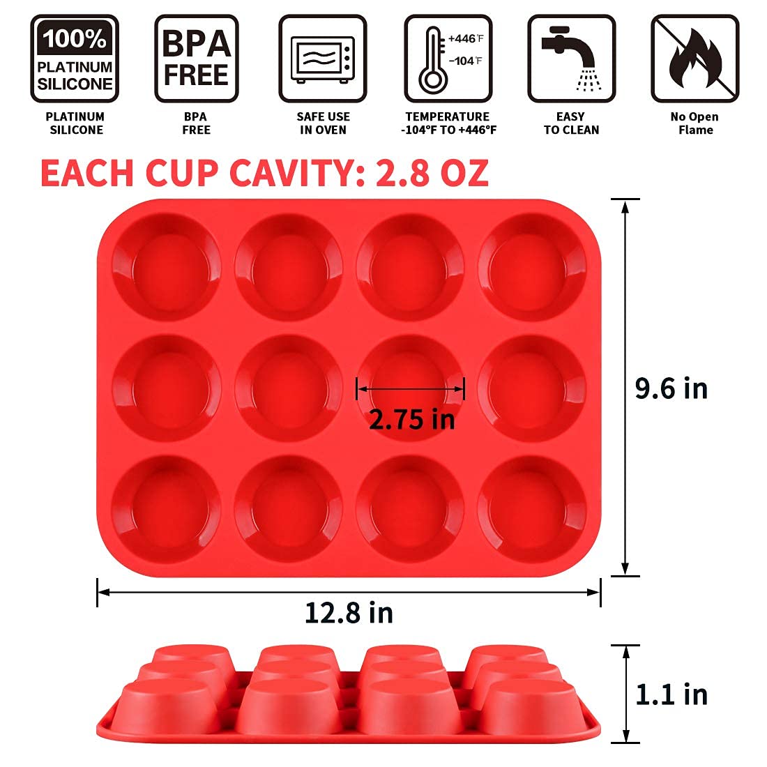 CAKETIME 12 Cups Silicone Muffin Pan - Nonstick BPA Free Cupcake Pan 1 Pack Regular Size Silicone Mold