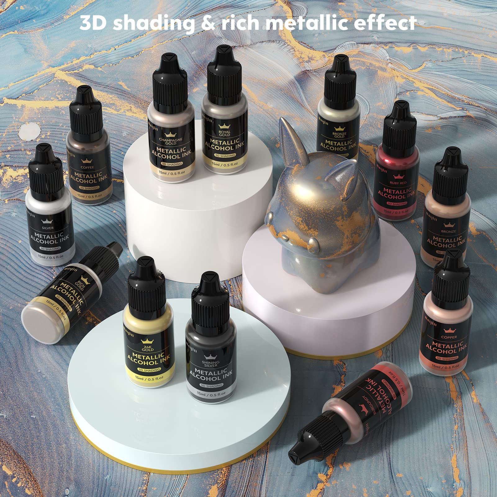 Metallic Alcohol Ink Set - 12 Metal Color Alcohol-Based Resin Inks, High Concentrated Extreme Shimmer with Gemstone Mixatives for Epoxy Resin Petri Yupo Tumbler Cups Fluid Art Painting (15ml/.5 fl oz)