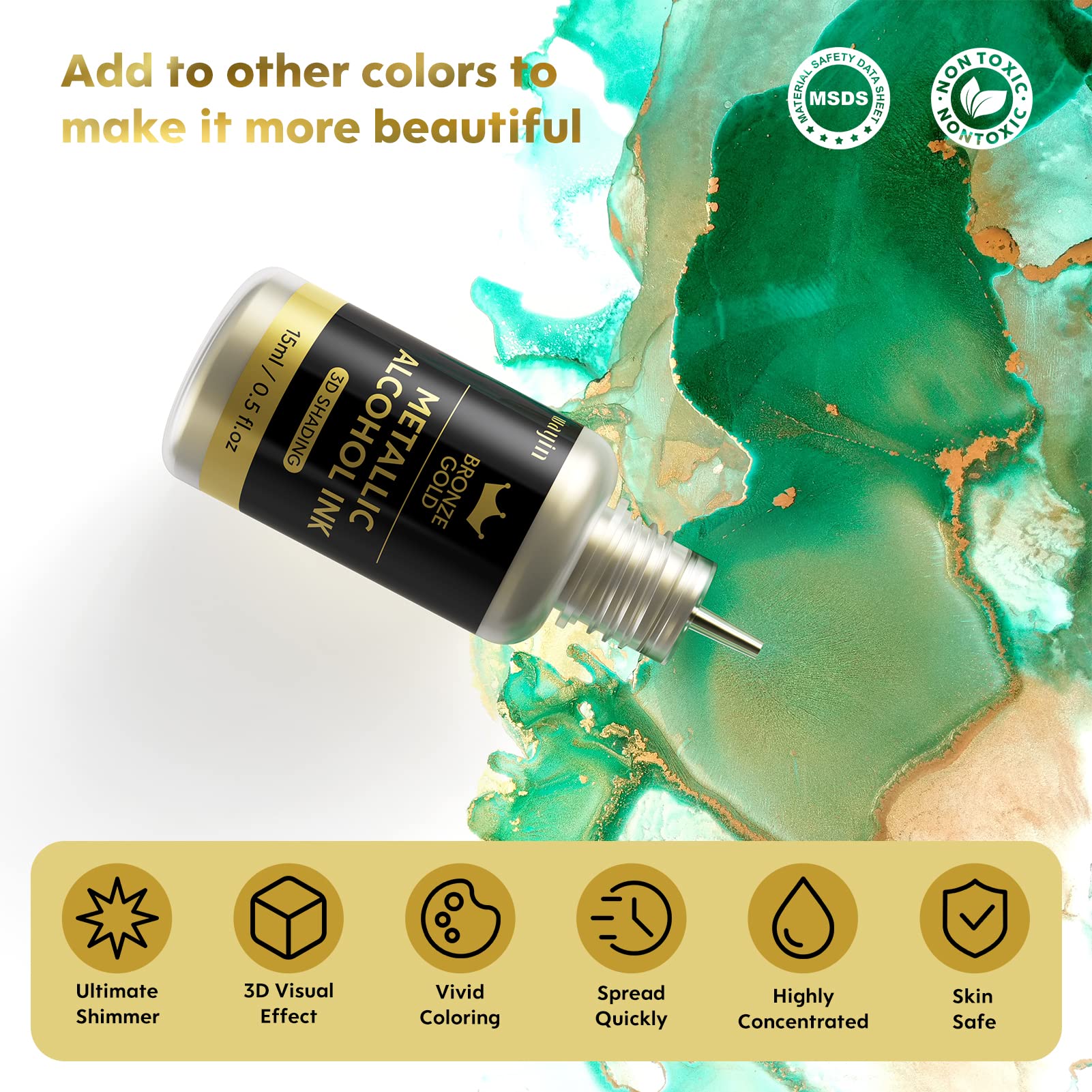 Metallic Alcohol Ink Set - 12 Metal Color Alcohol-Based Resin Inks, High Concentrated Extreme Shimmer with Gemstone Mixatives for Epoxy Resin Petri Yupo Tumbler Cups Fluid Art Painting (15ml/.5 fl oz)