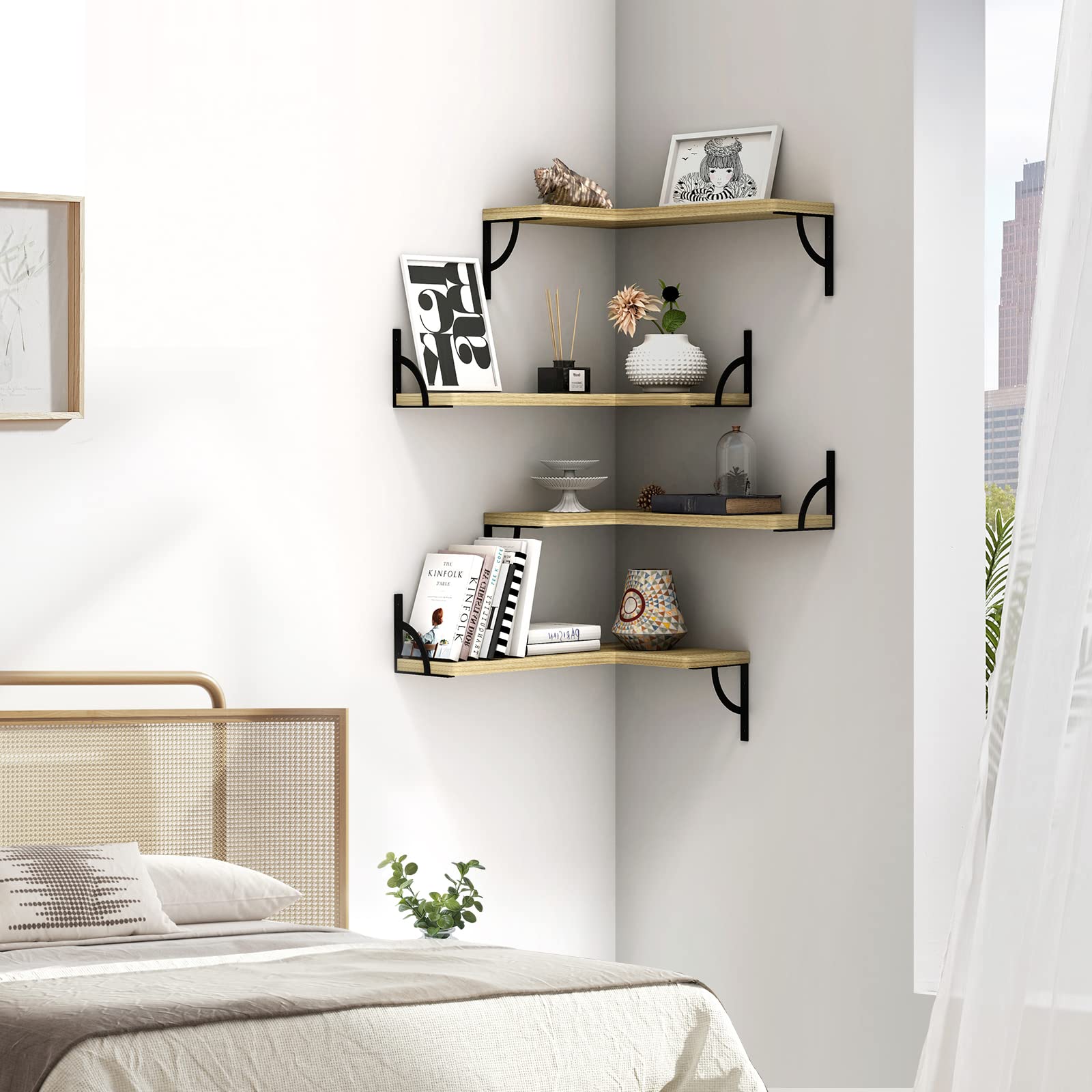 Canupdog Corner Floating Shelves Wall Mounted Set of 4, Wood Display Storage Wall Shelves for Living Room, Bedroom, Office, Bathroom Kitchen & Decoration