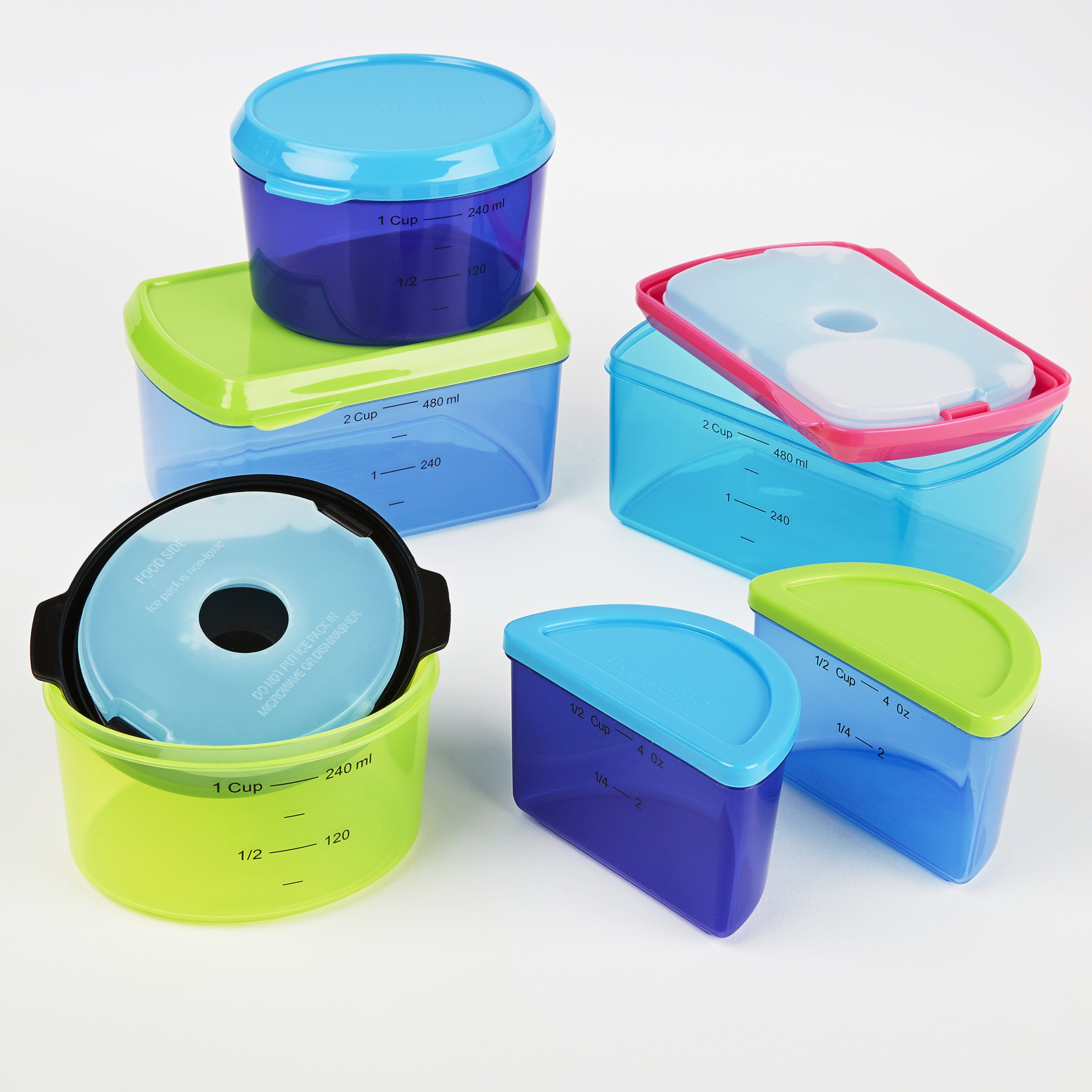 Fit & Fresh Kids' Reusable Lunch Box Container Set with Built-In Ice Packs, 14-Piece Healthy Lunch and Snack Kit, BPA-Free Microwave Safe, Portion Control