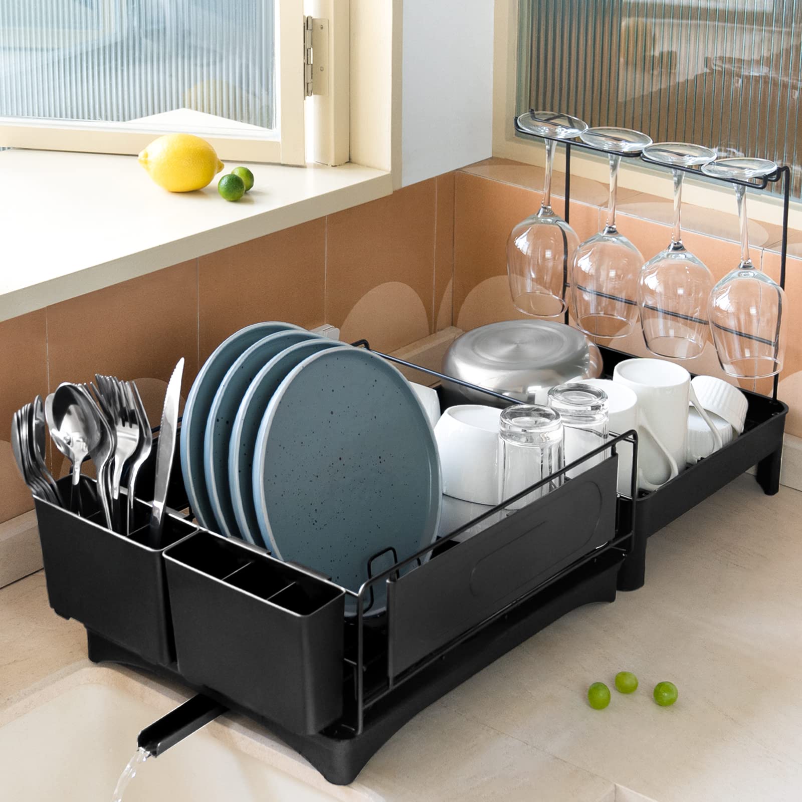 Coindivi Dish Drying Rack, Dish Rack, Dish Racks for Kitchen Counter, Versatile Dish Drainer with Drainage, Dish Rack and Drainboard Set with Utensil Holder, Wine Glass Holder, Black