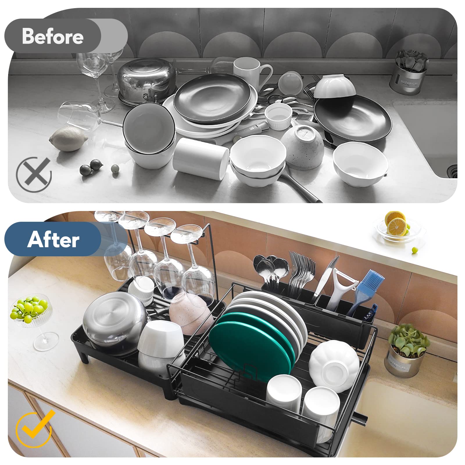 Coindivi Dish Drying Rack, Dish Rack, Dish Racks for Kitchen Counter, Versatile Dish Drainer with Drainage, Dish Rack and Drainboard Set with Utensil Holder, Wine Glass Holder, Black