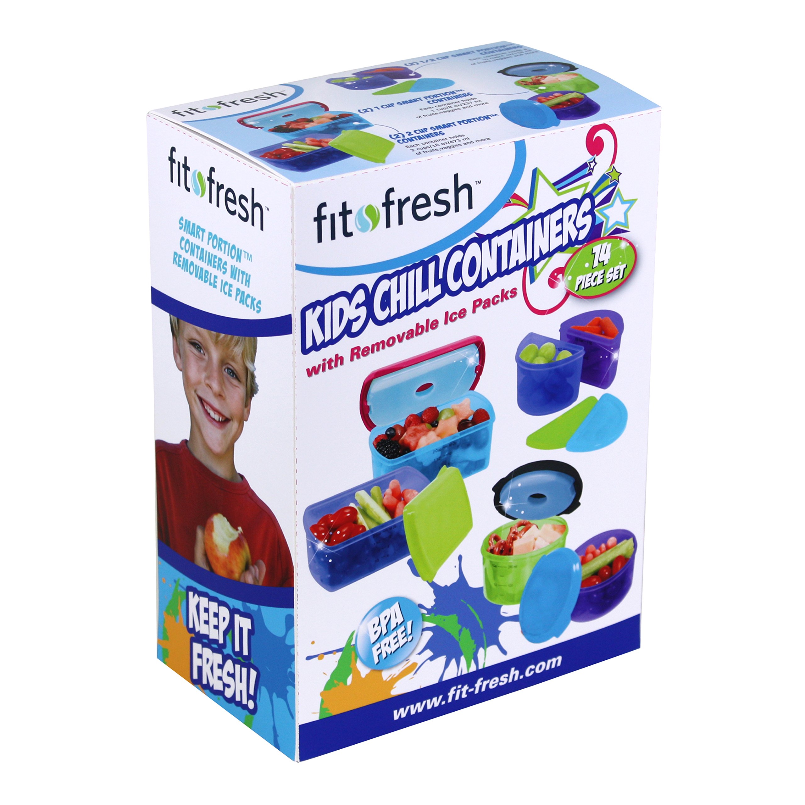 Fit & Fresh Kids' Reusable Lunch Box Container Set with Built-In Ice Packs, 14-Piece Healthy Lunch and Snack Kit, BPA-Free Microwave Safe, Portion Control