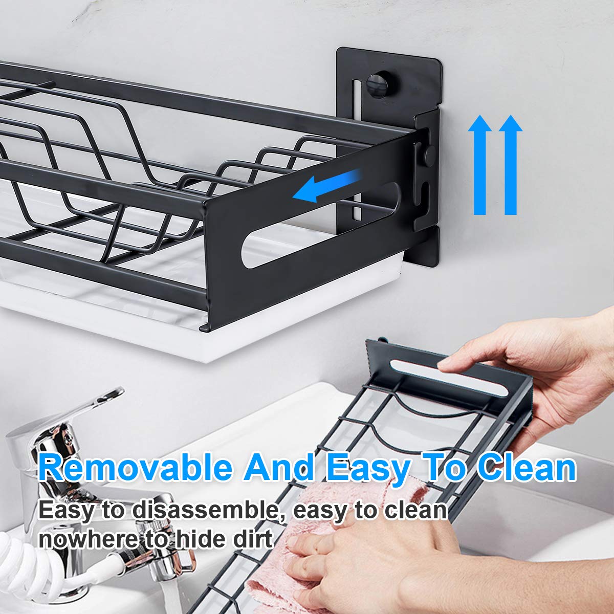 Dish Drying Rack, Detachable 304 Stainless Steel Wall Mount Dish Rack and drainboard Set,2 Tier Hanging Dish Rack with 6 Hooks and 1 Utensil Caddy(Black)