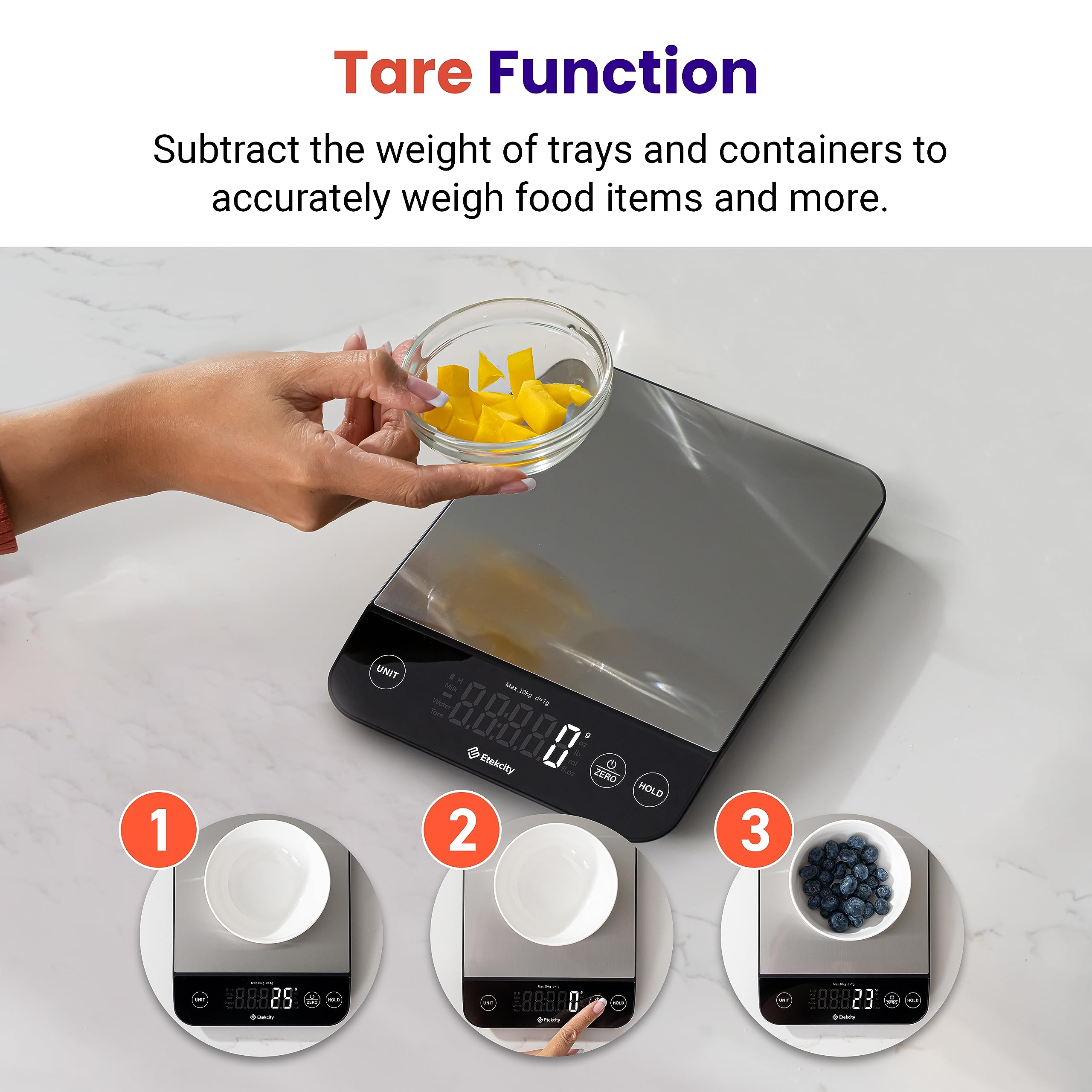 Etekcity Luminary 22lb Food Kitchen Digital Scale for Weight Loss, IPX6 Waterproof, Rechargeable, Ounces and Grams for Cooking Baking, 0.05oz/1g Precise Graduation, 304 Stainless Steel