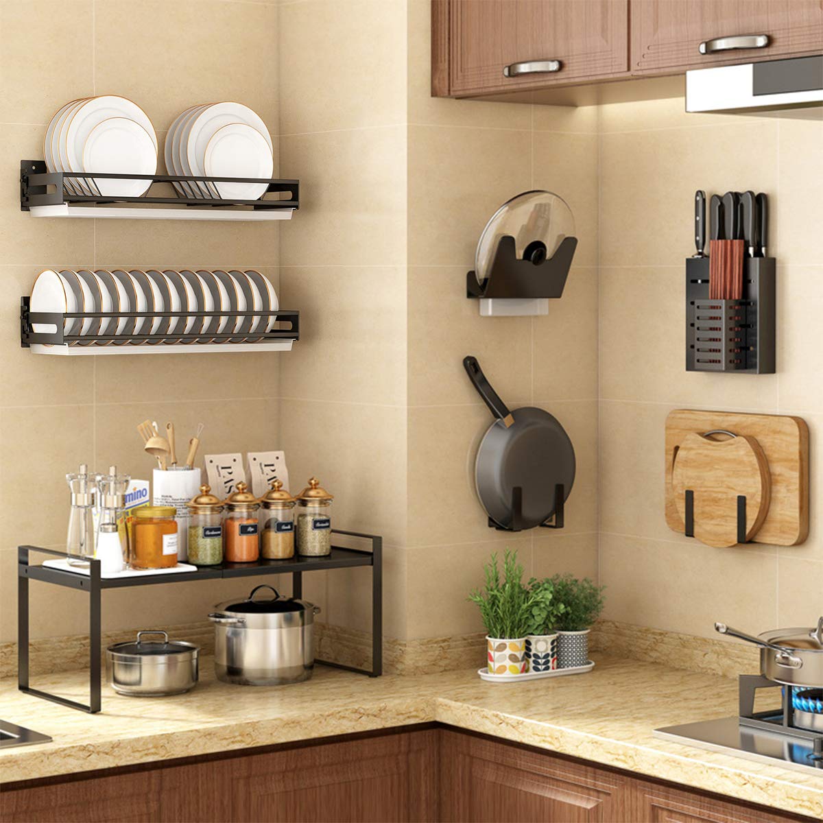 Dish Drying Rack, Detachable 304 Stainless Steel Wall Mount Dish Rack and drainboard Set,2 Tier Hanging Dish Rack with 6 Hooks and 1 Utensil Caddy(Black)