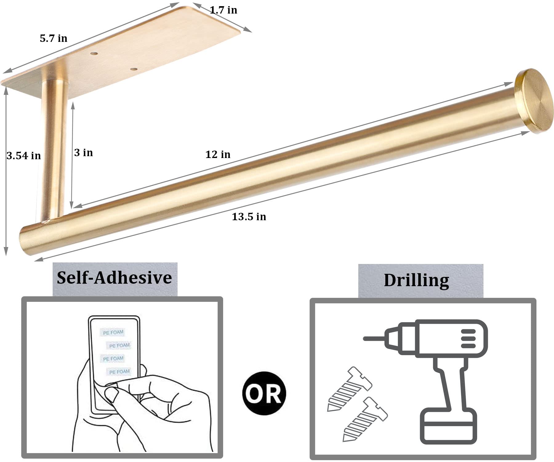 Gold Paper Towel Holder Under Cabinet Adhesive Wall Mounted Kitchen Paper Towel Roll Holder with Screws for Kitchen and Bathroom, SUS304 Stainless Steel