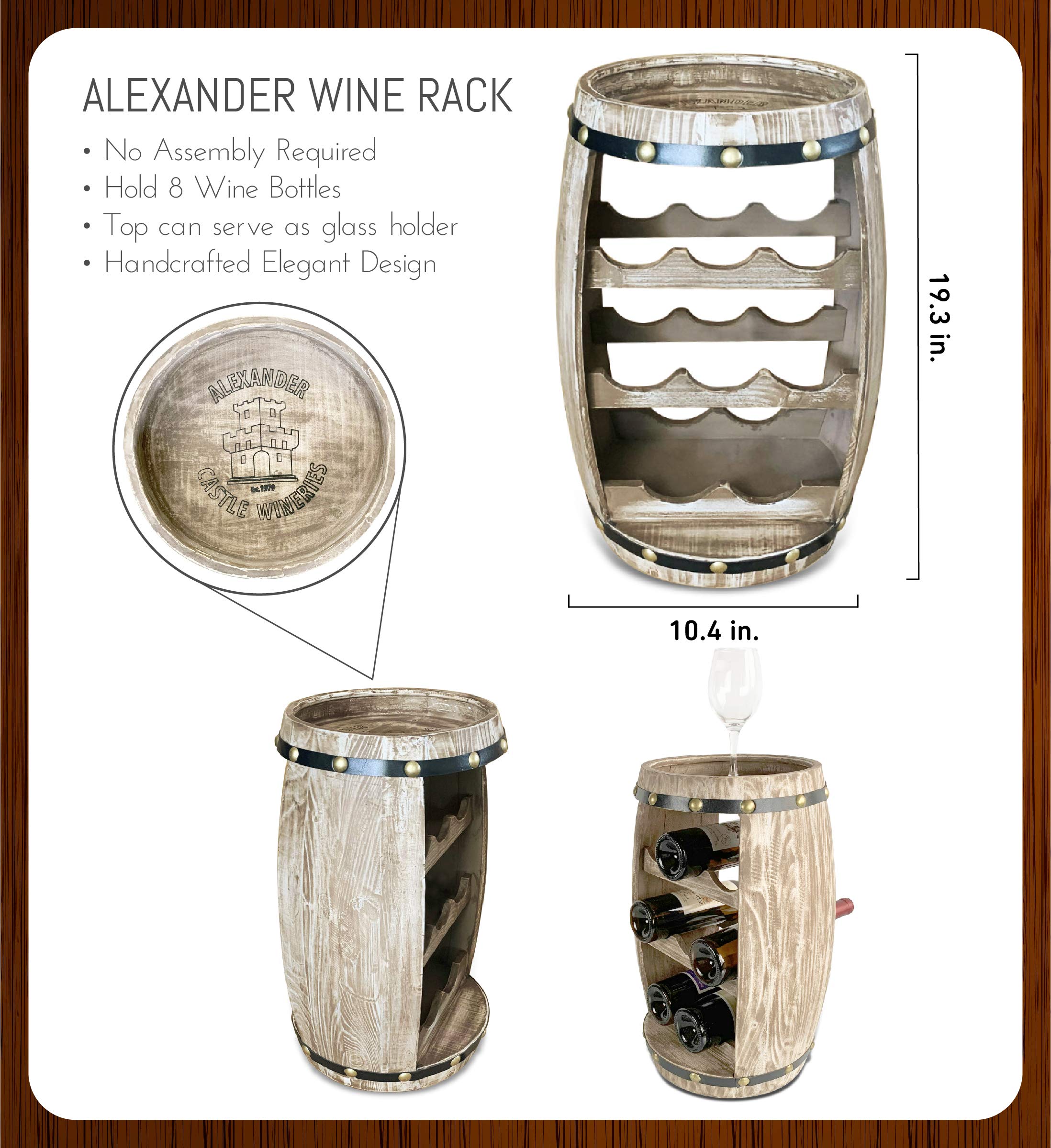 COTA Global Modern Alexander Wine Rack - Freestanding Wooden Barrel Wine Holder for 8 Wine Bottles, Bottle Rack Floor Stand, Rustic Countertop Wine Storage Shelf Organizer for Wine Bar & Home Décor