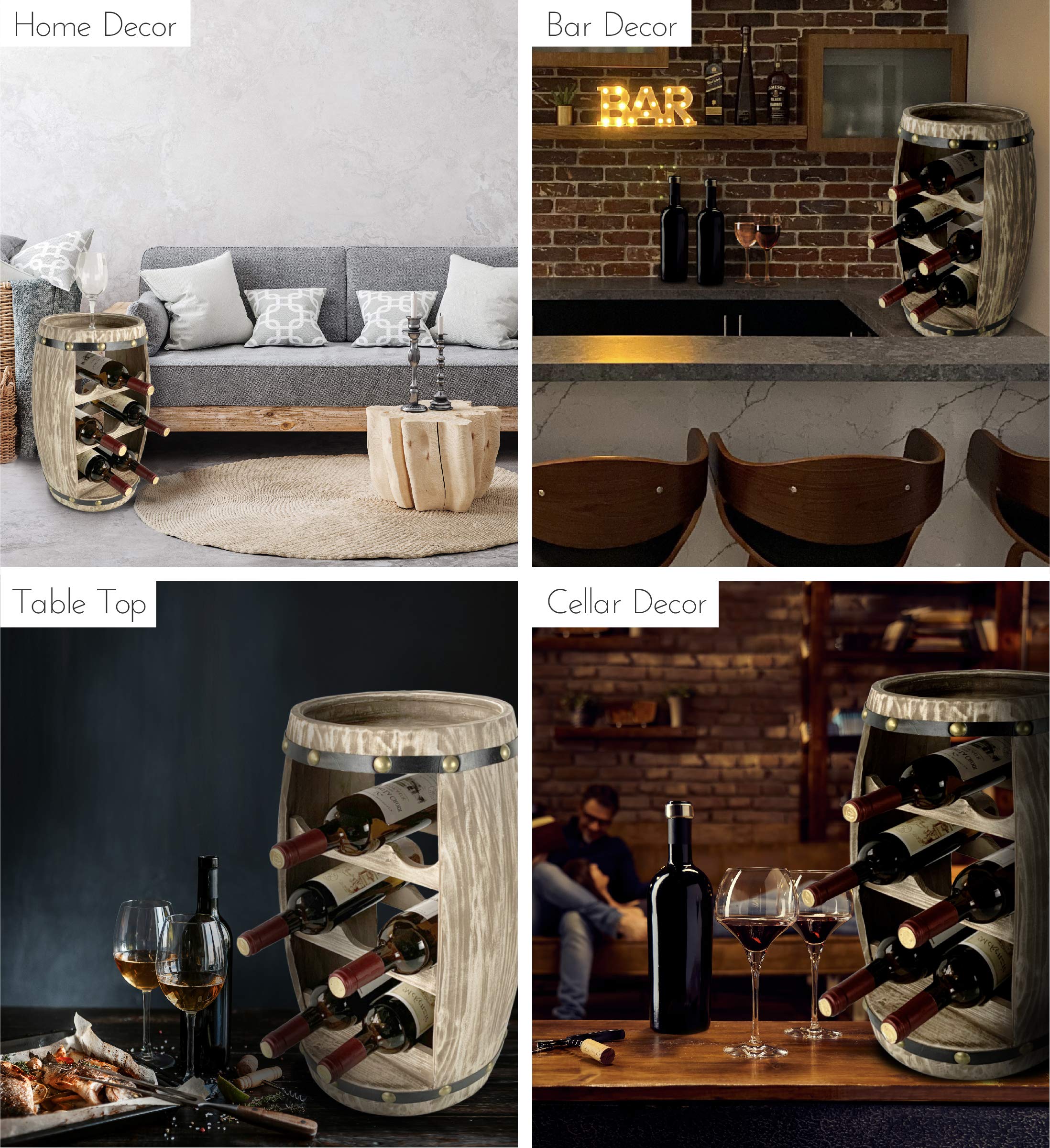 COTA Global Modern Alexander Wine Rack - Freestanding Wooden Barrel Wine Holder for 8 Wine Bottles, Bottle Rack Floor Stand, Rustic Countertop Wine Storage Shelf Organizer for Wine Bar & Home Décor