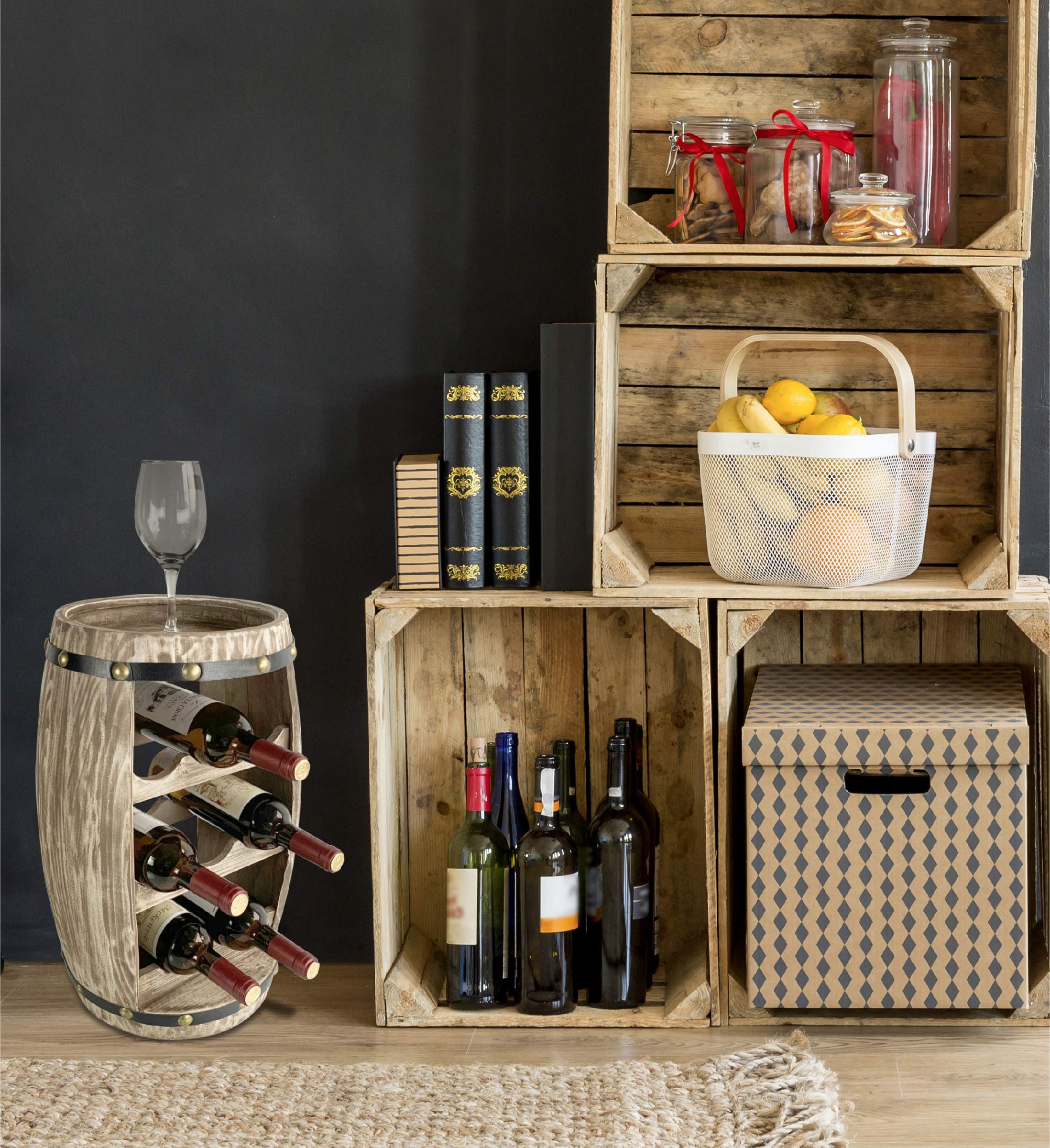 COTA Global Modern Alexander Wine Rack - Freestanding Wooden Barrel Wine Holder for 8 Wine Bottles, Bottle Rack Floor Stand, Rustic Countertop Wine Storage Shelf Organizer for Wine Bar & Home Décor