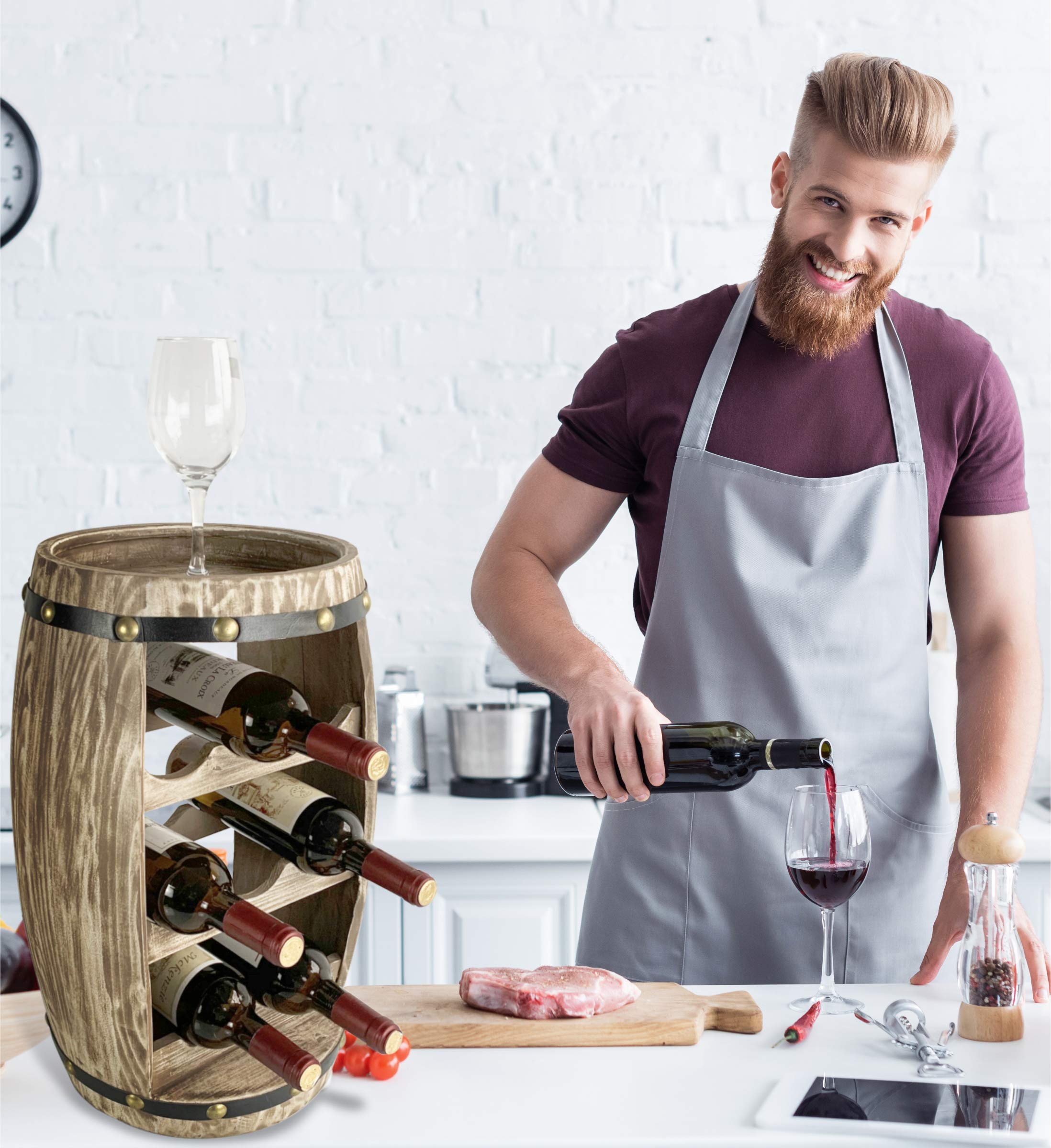 COTA Global Modern Alexander Wine Rack - Freestanding Wooden Barrel Wine Holder for 8 Wine Bottles, Bottle Rack Floor Stand, Rustic Countertop Wine Storage Shelf Organizer for Wine Bar & Home Décor
