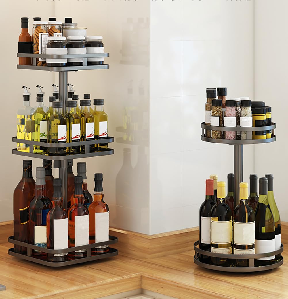 YunNasi Spice Rotating Turntable Metal Black Spinning Spice Rack Lazy Susan Organizer Spice Racks Free Standing for Kitchen Storage (Round, 2 Tier)