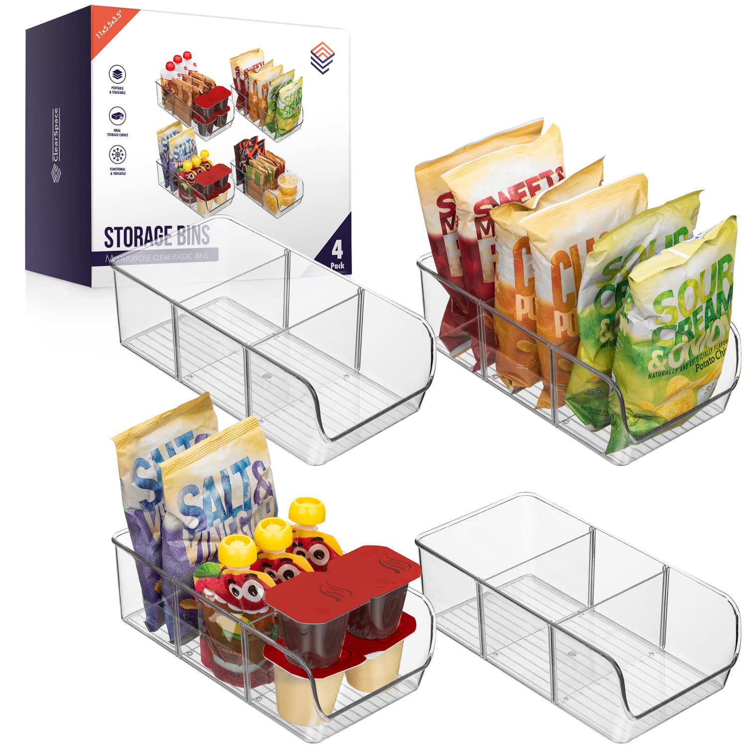 ClearSpace Plastic Pantry Organization and Storage Bins with Dividers – Perfect Kitchen Organization or Kitchen Storage – Fridge Organizer, Refrigerator Organizer Bins, Cabinet Organizers