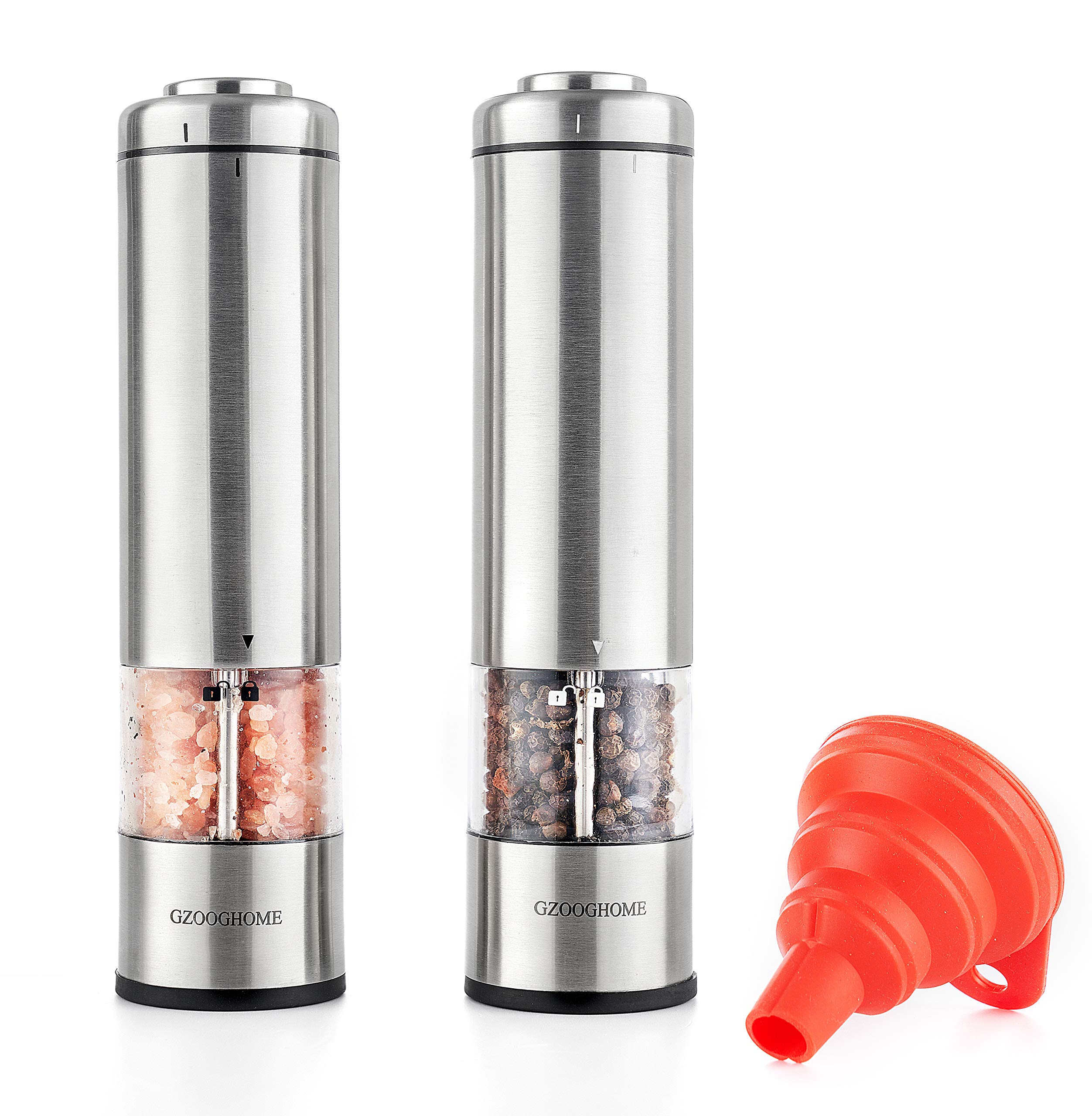 GZOOGHOME Electric Salt and Pepper Grinder Set - Battery Operated Automatic One Handed Salt Pepper Mill with Funnel and Bottom Cap - Ceramic Grinders with Lights and Adjustable Coarseness