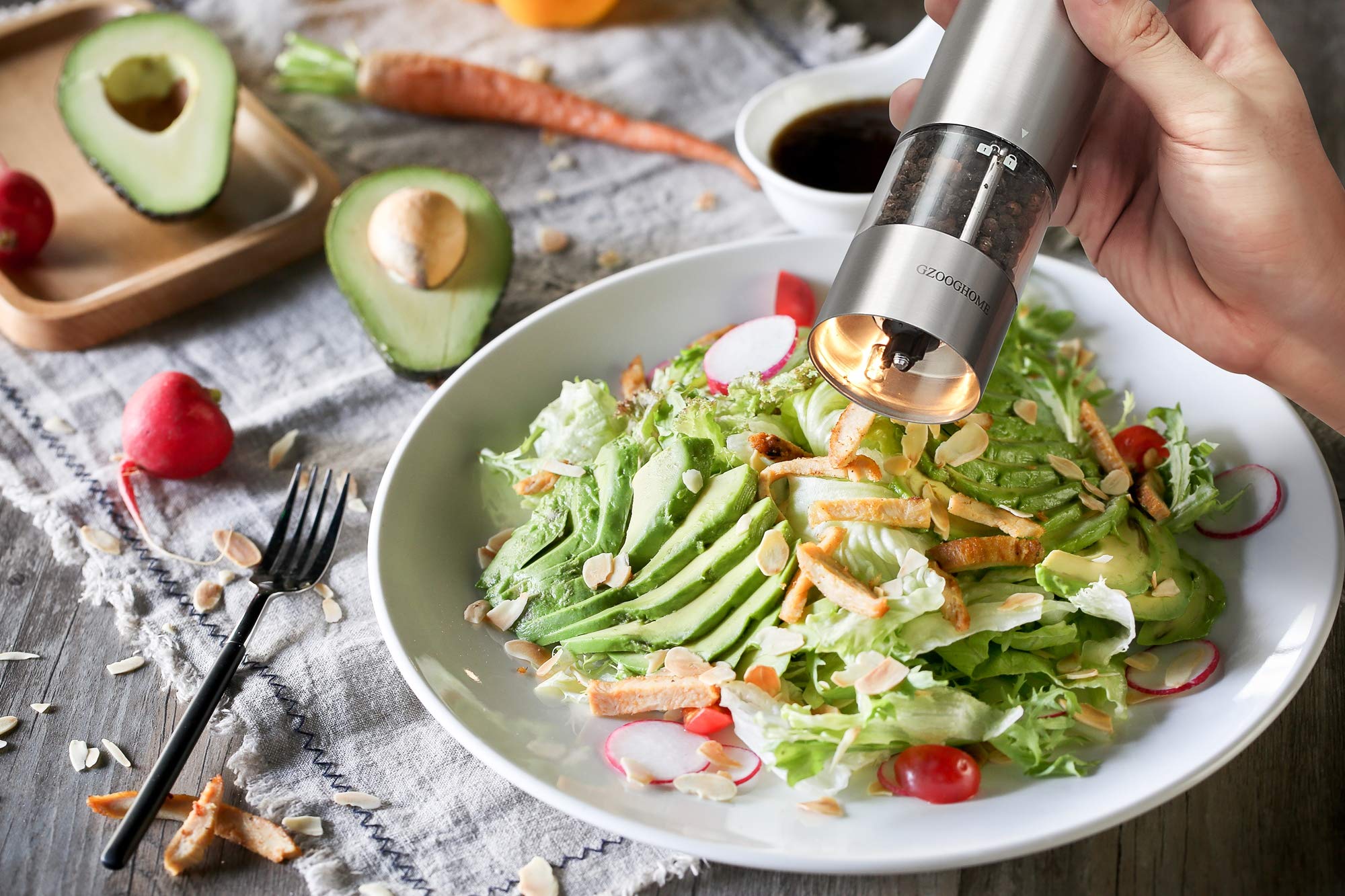 GZOOGHOME Electric Salt and Pepper Grinder Set - Battery Operated Automatic One Handed Salt Pepper Mill with Funnel and Bottom Cap - Ceramic Grinders with Lights and Adjustable Coarseness