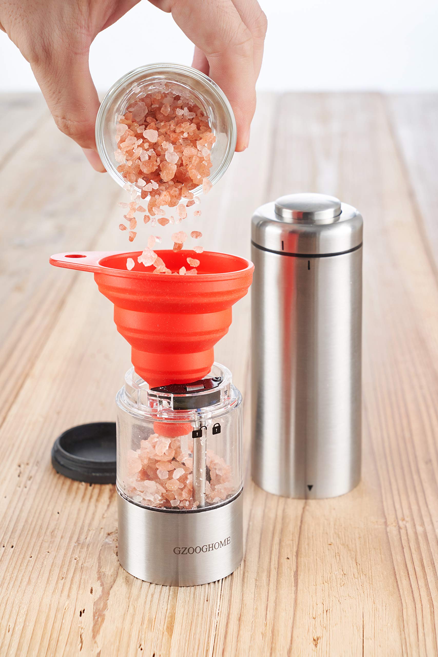 GZOOGHOME Electric Salt and Pepper Grinder Set - Battery Operated Automatic One Handed Salt Pepper Mill with Funnel and Bottom Cap - Ceramic Grinders with Lights and Adjustable Coarseness