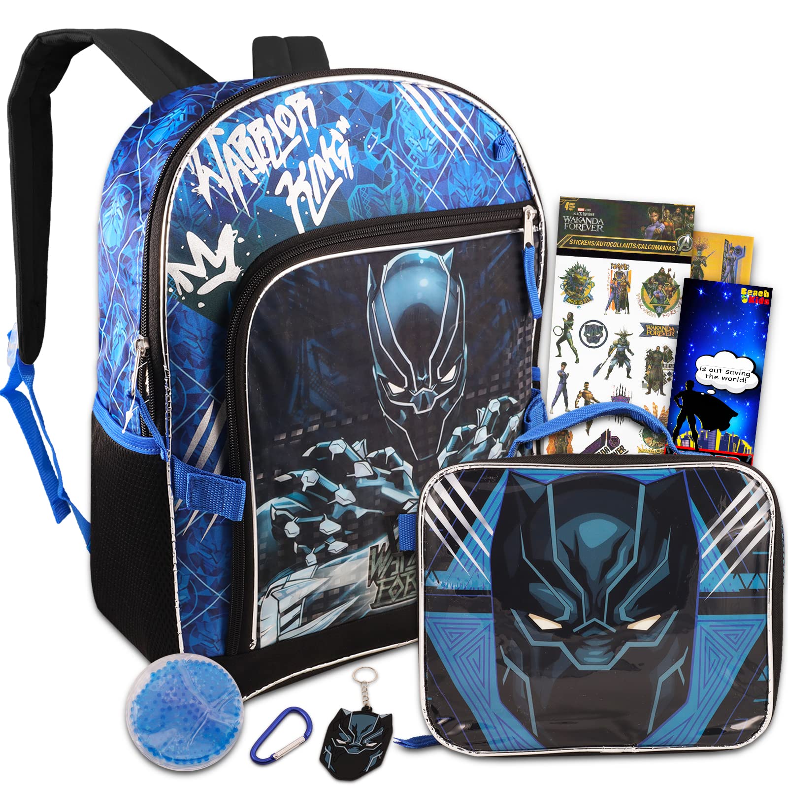 Fast Forward Black Panther Backpack and Lunch Box Set - Bundle with 16" Black Panther Backpack, Lunch Box, Keychain, Stickers, More | Avengers Backpack for Boys 4-6