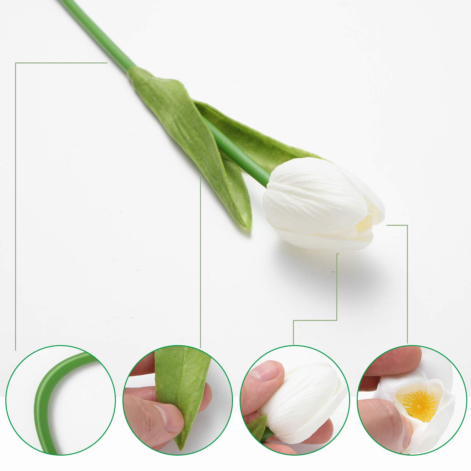 EZFLOWERY 10 Heads Artificial Tulips Flowers Real Touch Arrangement Bouquet for Home Room Office Party Wedding Decoration, Excellent Gift Idea for Mothers Day (10, White)